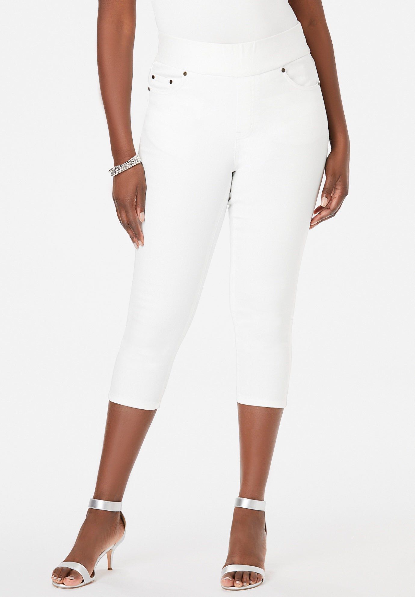 Stretch Denim Capris with Comfort Waist, White | Woman Within