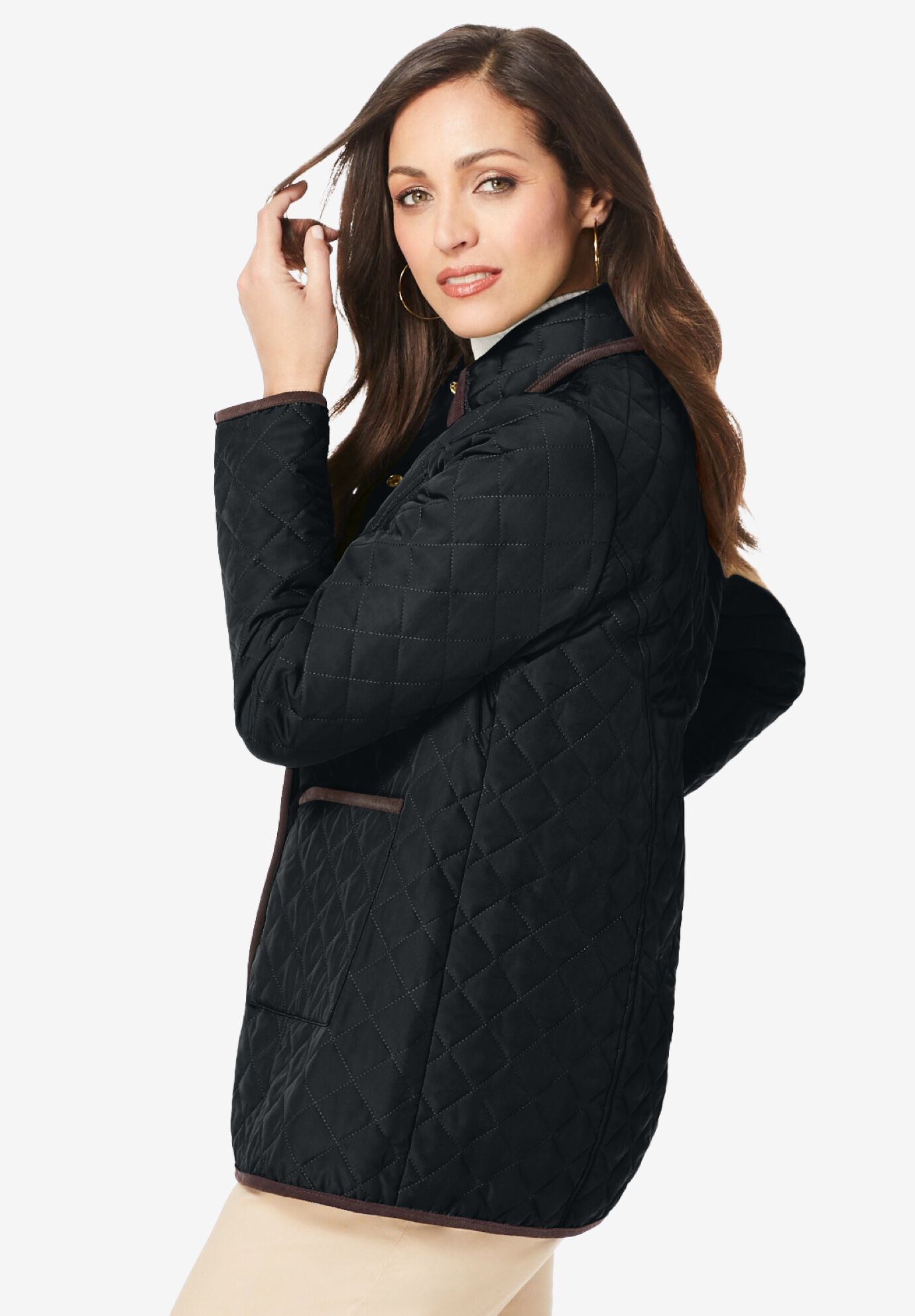 Snap-Front Quilted Coat for Cold Weather, Black | Woman Within
