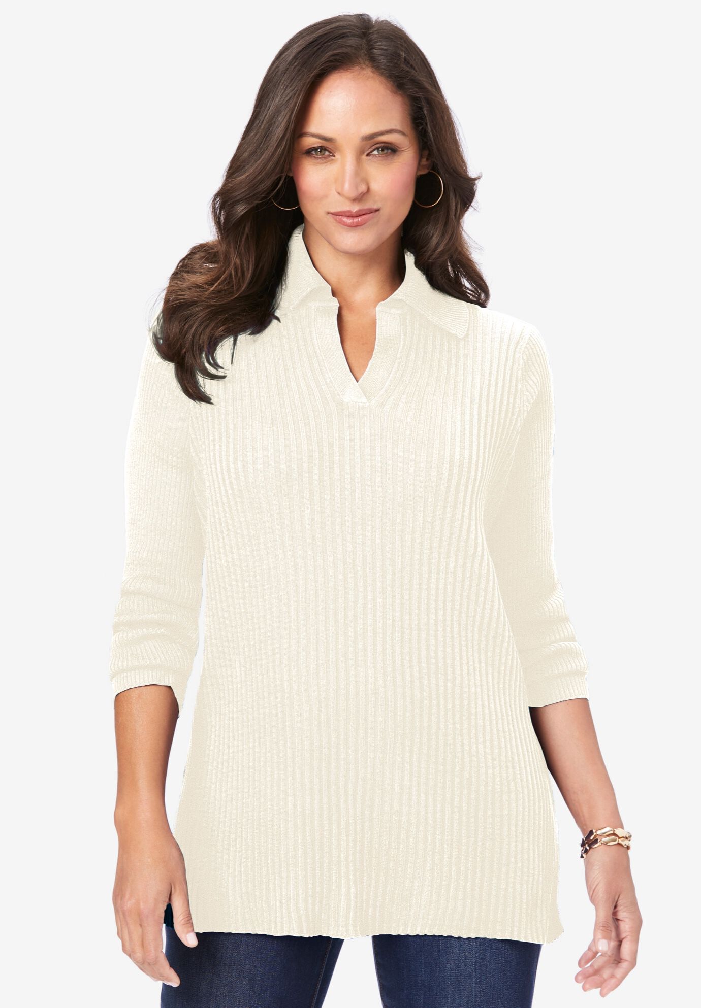 Ribbed Collar Sweater for Women, Ivory | Woman Within
