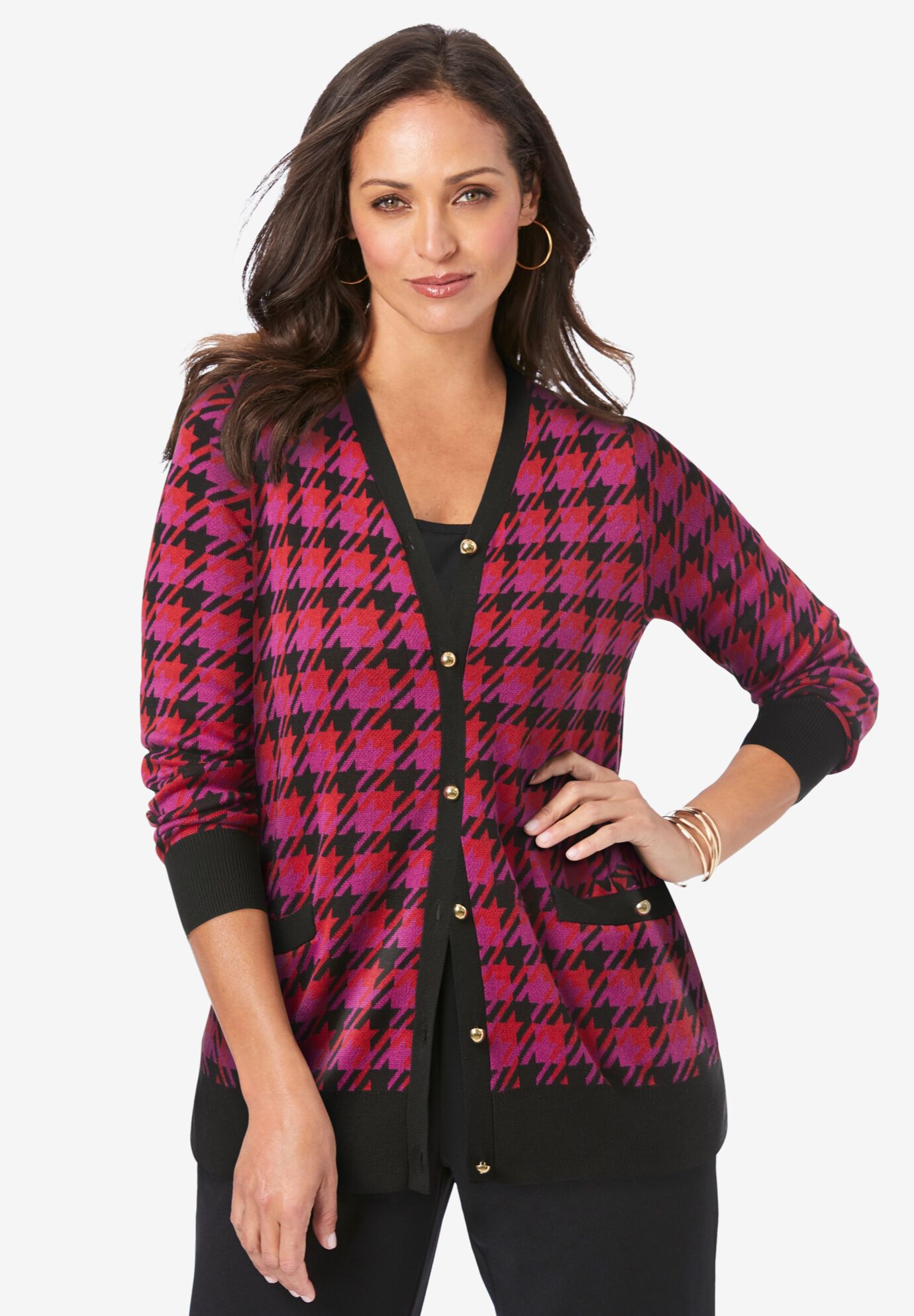 Plus Size V-Neck Cardigan Sweater 1X-3X, Raspberry Houndstooth | Woman ...