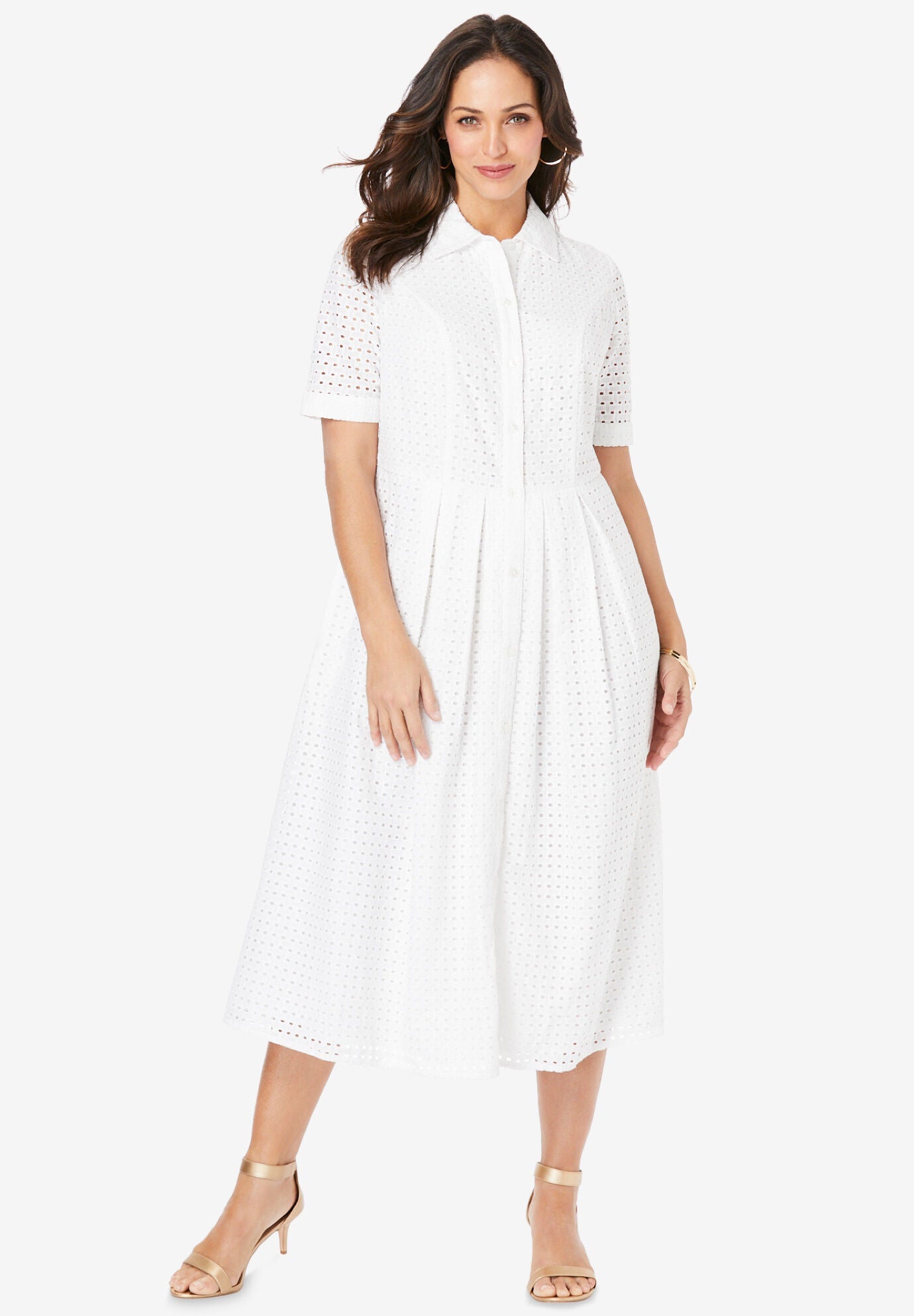 Eyelet Shirt Dress - Elegant Fit-and-Flare Style, White | Woman Within