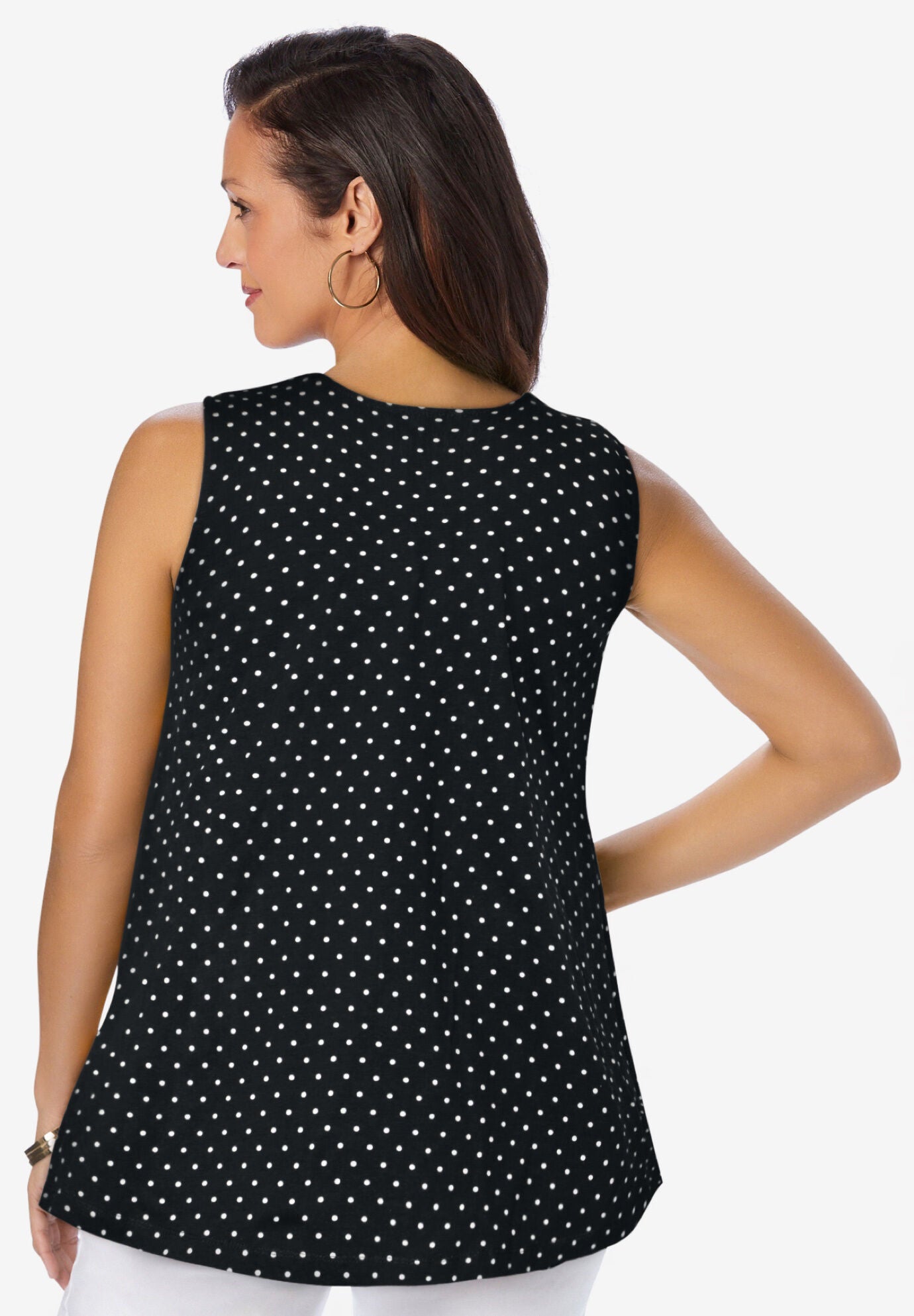 Stretch Cotton Trapeze Tank - V-Neck Style, Black Ivory Dot | Woman Within