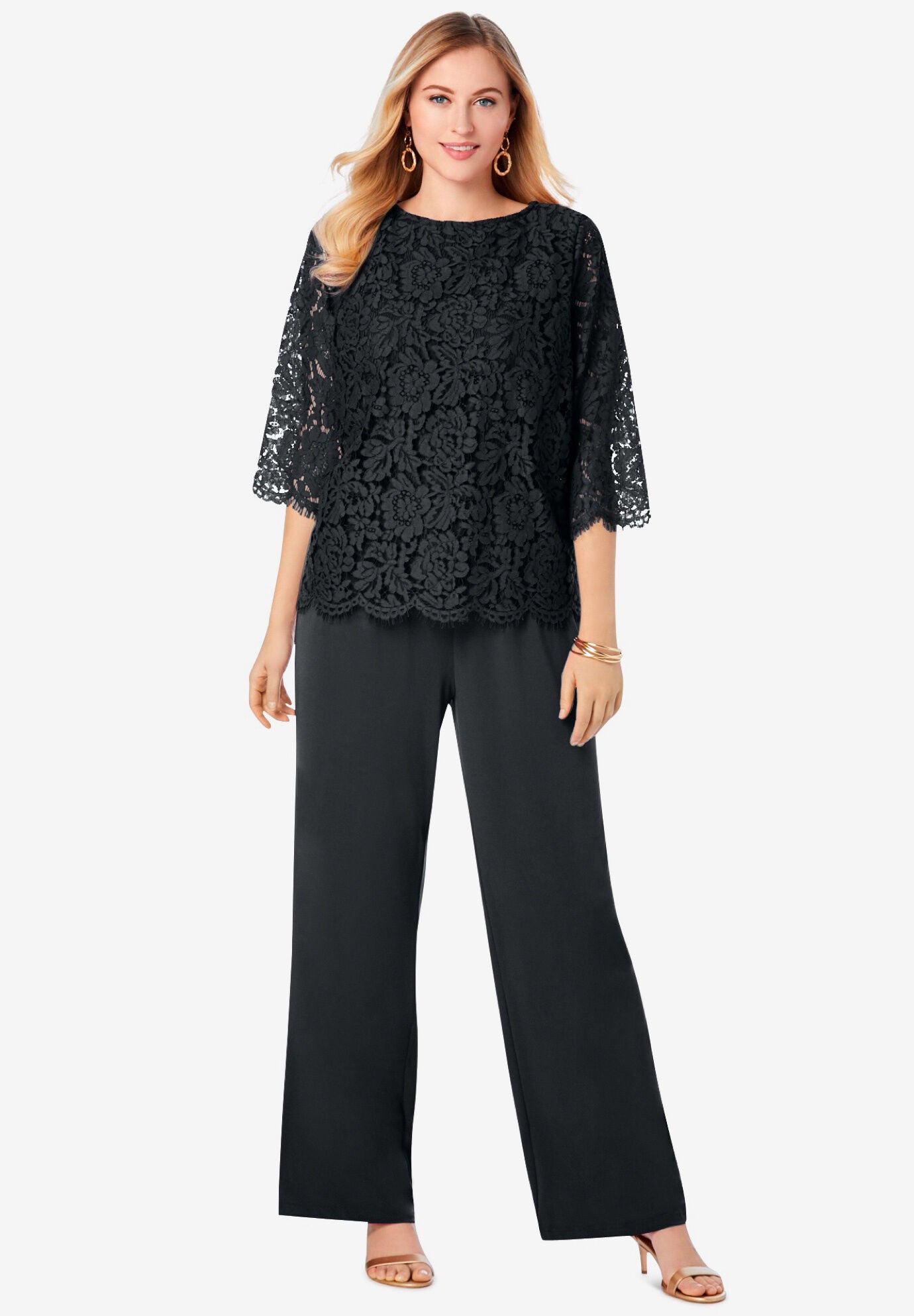 Elegant Lace Popover Jumpsuit - Evening Wear, Black | Woman Within