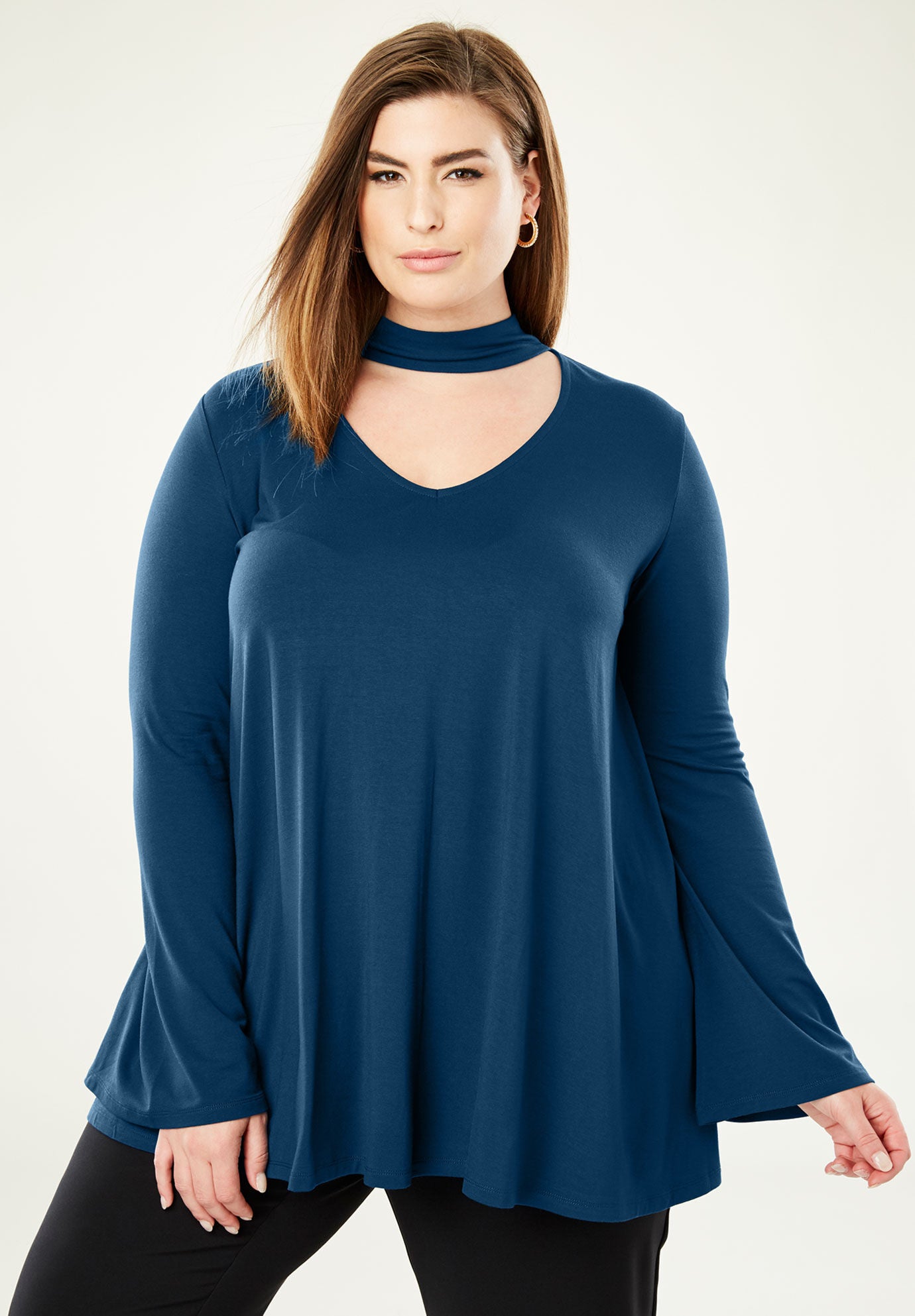 Banded Neck Tunic with Long Flare Sleeves | Woman Within