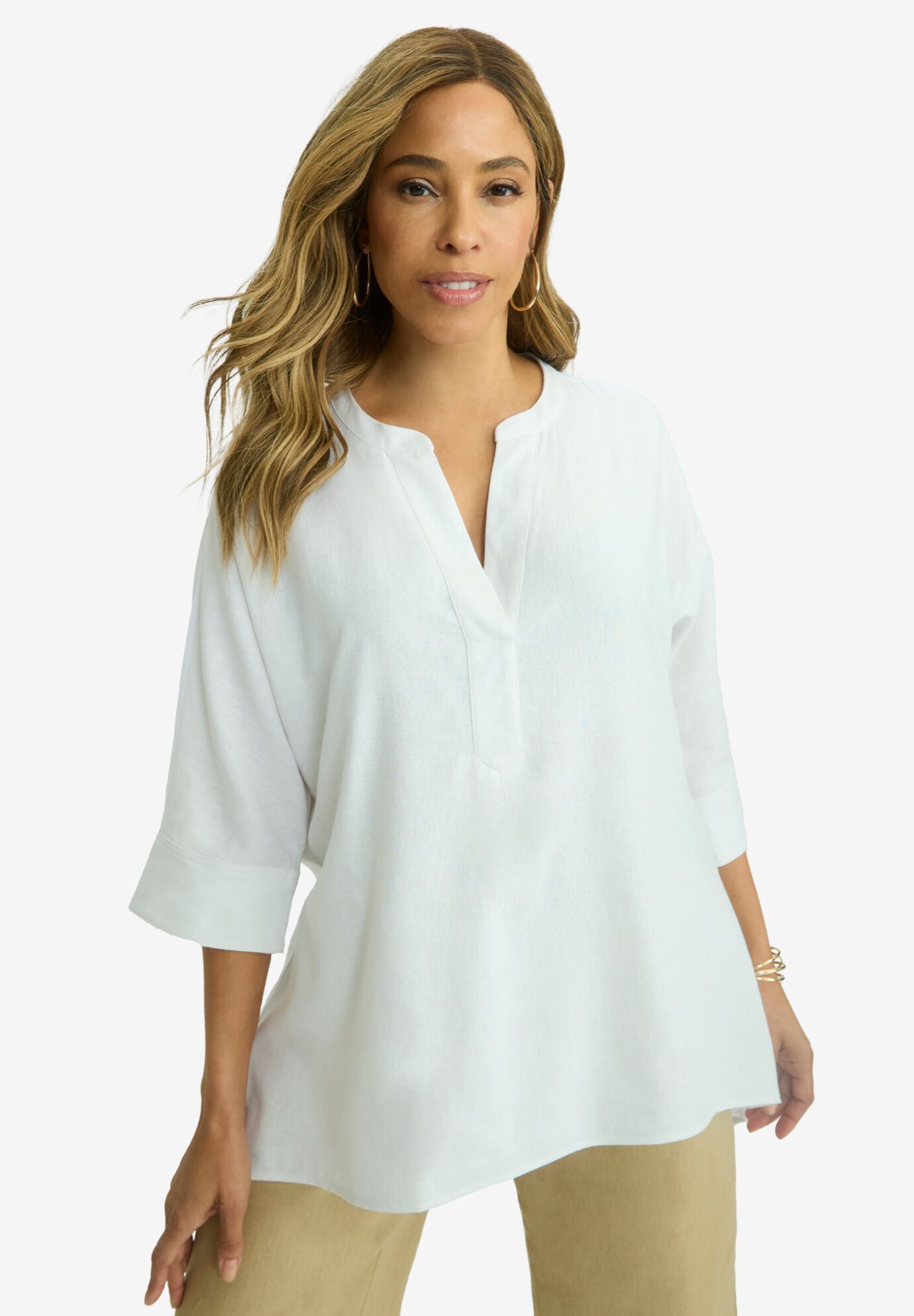 Hi-Low Linen Tunic with Split Neckline, White | Woman Within