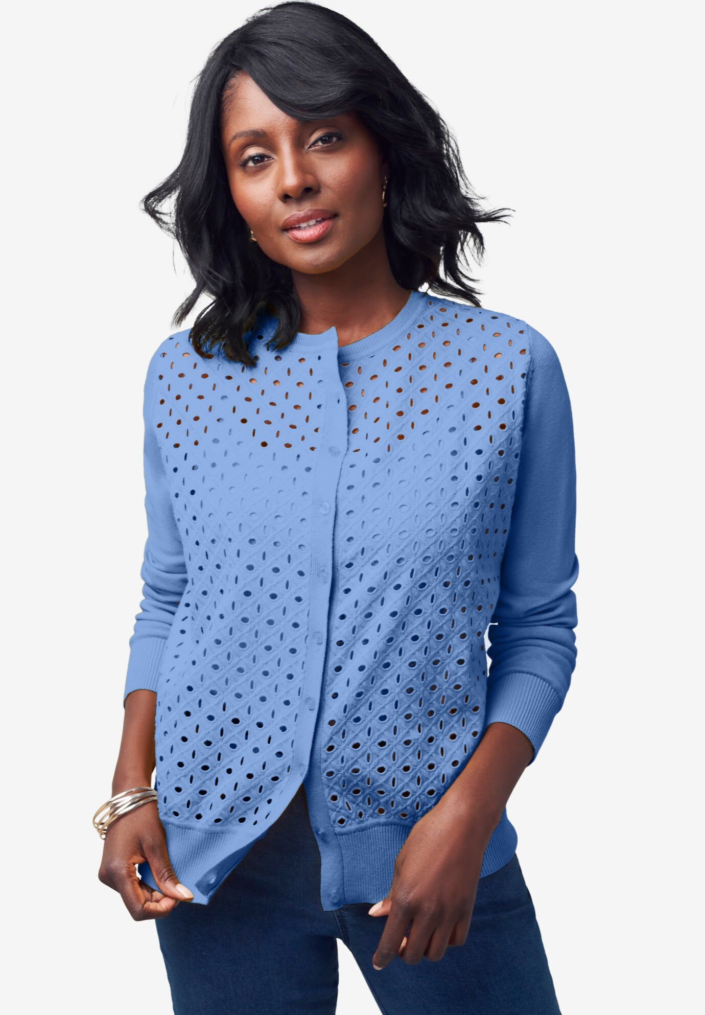 Fine Gauge Eyelet Cardigan Long Sleeve, French Blue | Woman Within