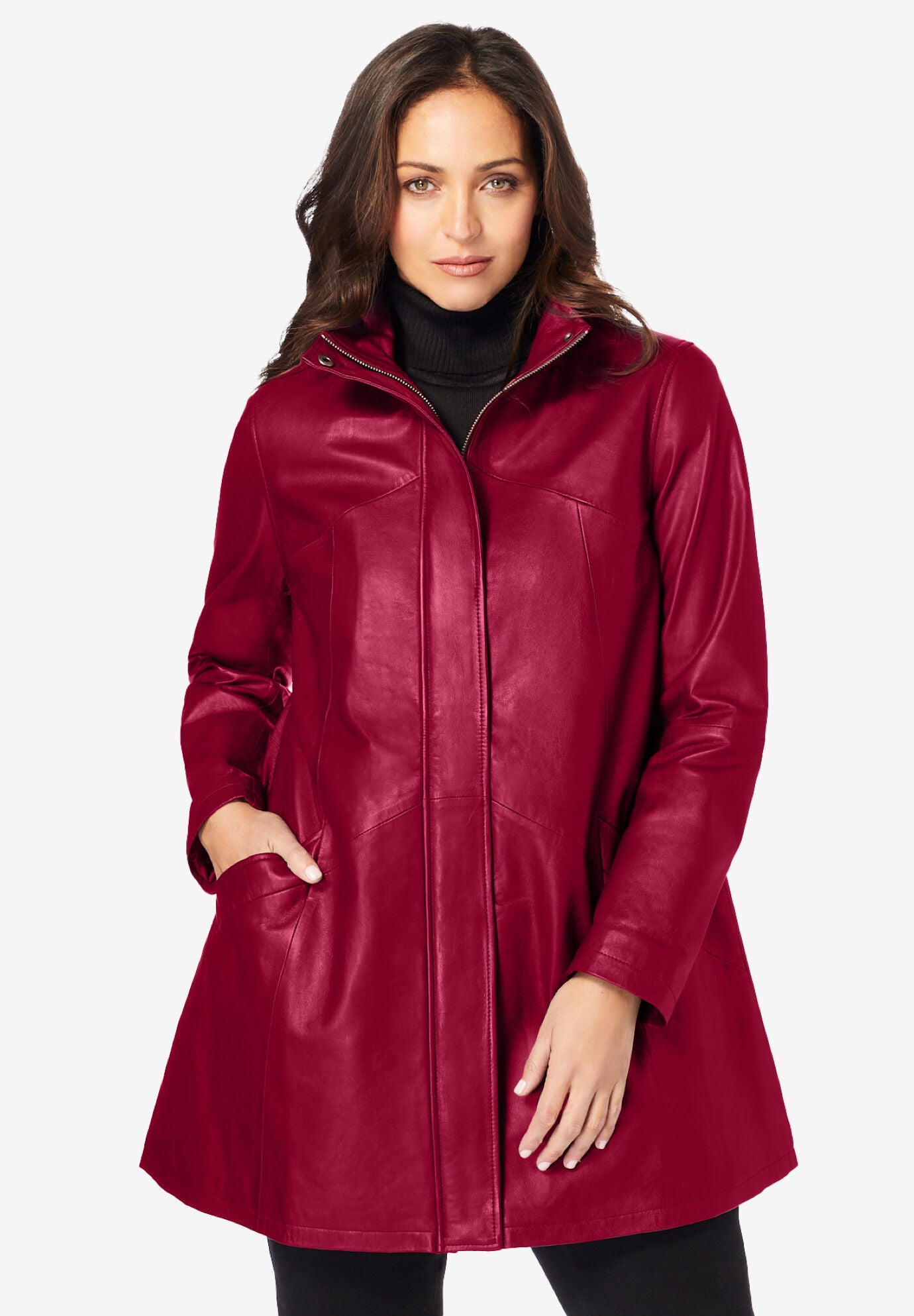 A-Line Zip Front Leather Jacket for Women, Rich Burgundy | Woman Within