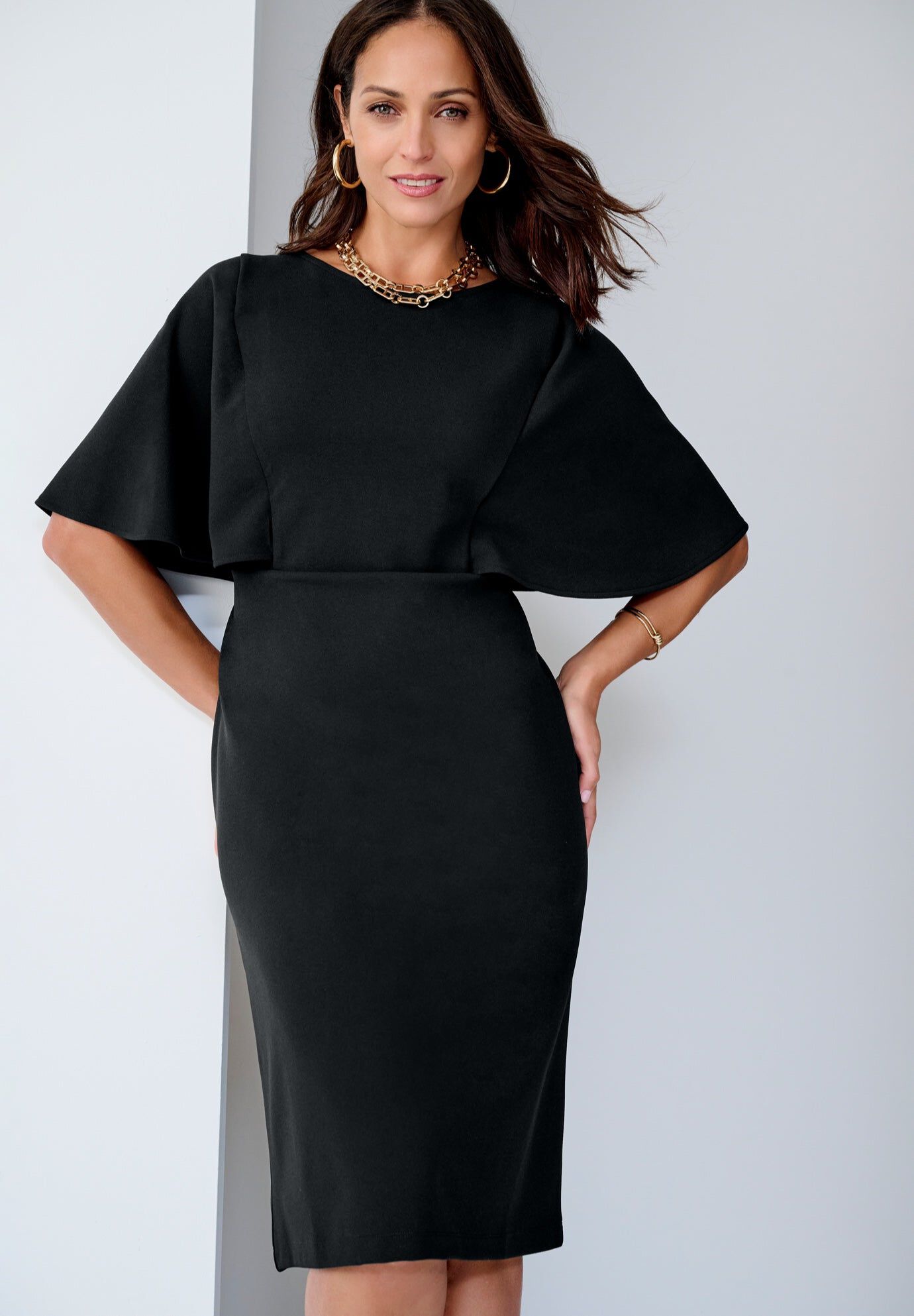 Stretch Crepe Cape Sheath Dress | Woman Within