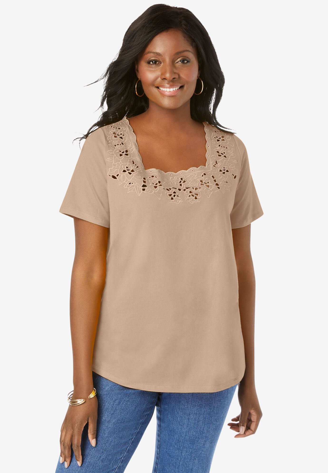Eyelet Cutout Tee - Stretch Cotton, Raspberry | Woman Within
