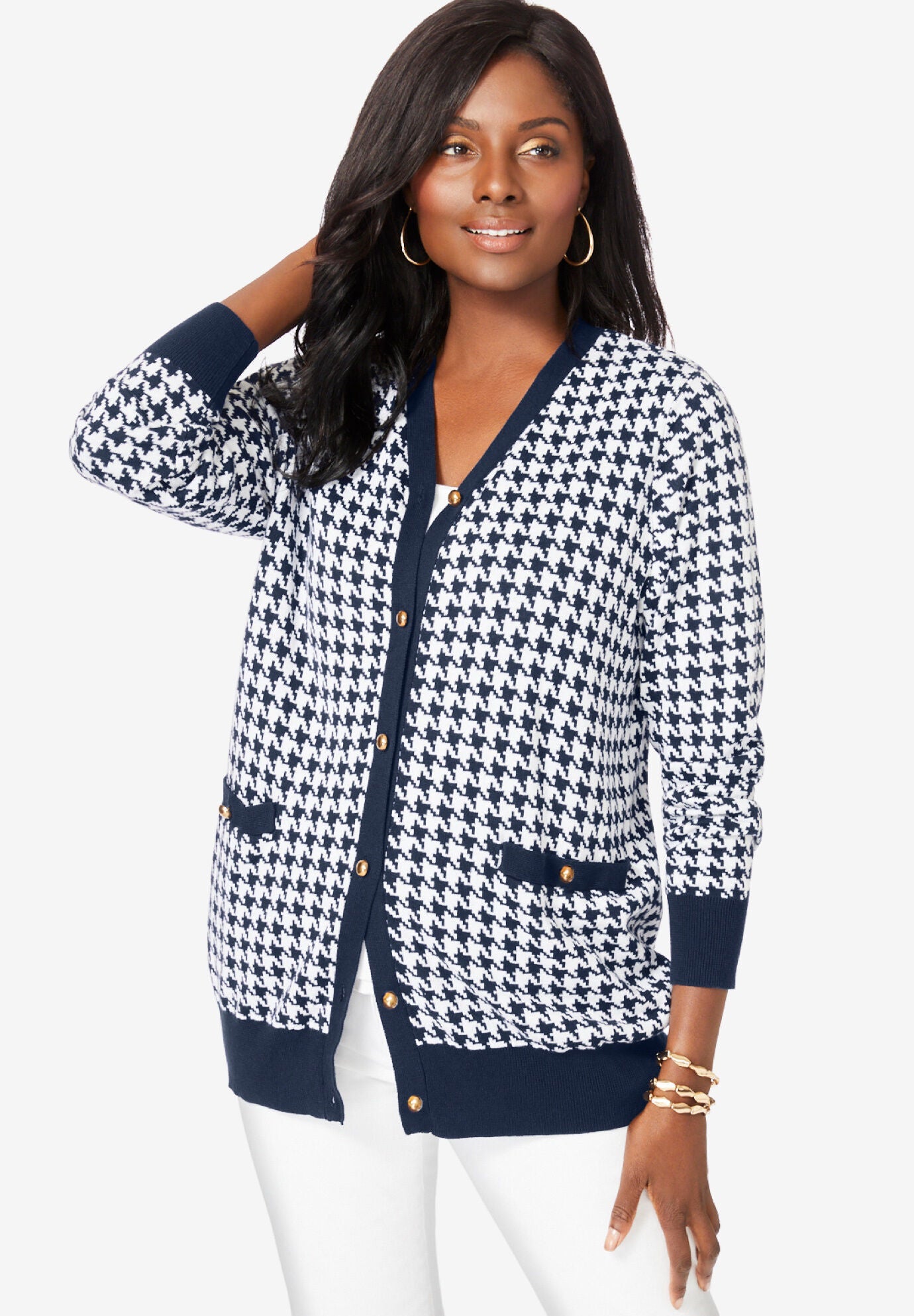 Plus Size V-Neck Cardigan Sweater 1X-3X, Navy Houndstooth | Woman Within