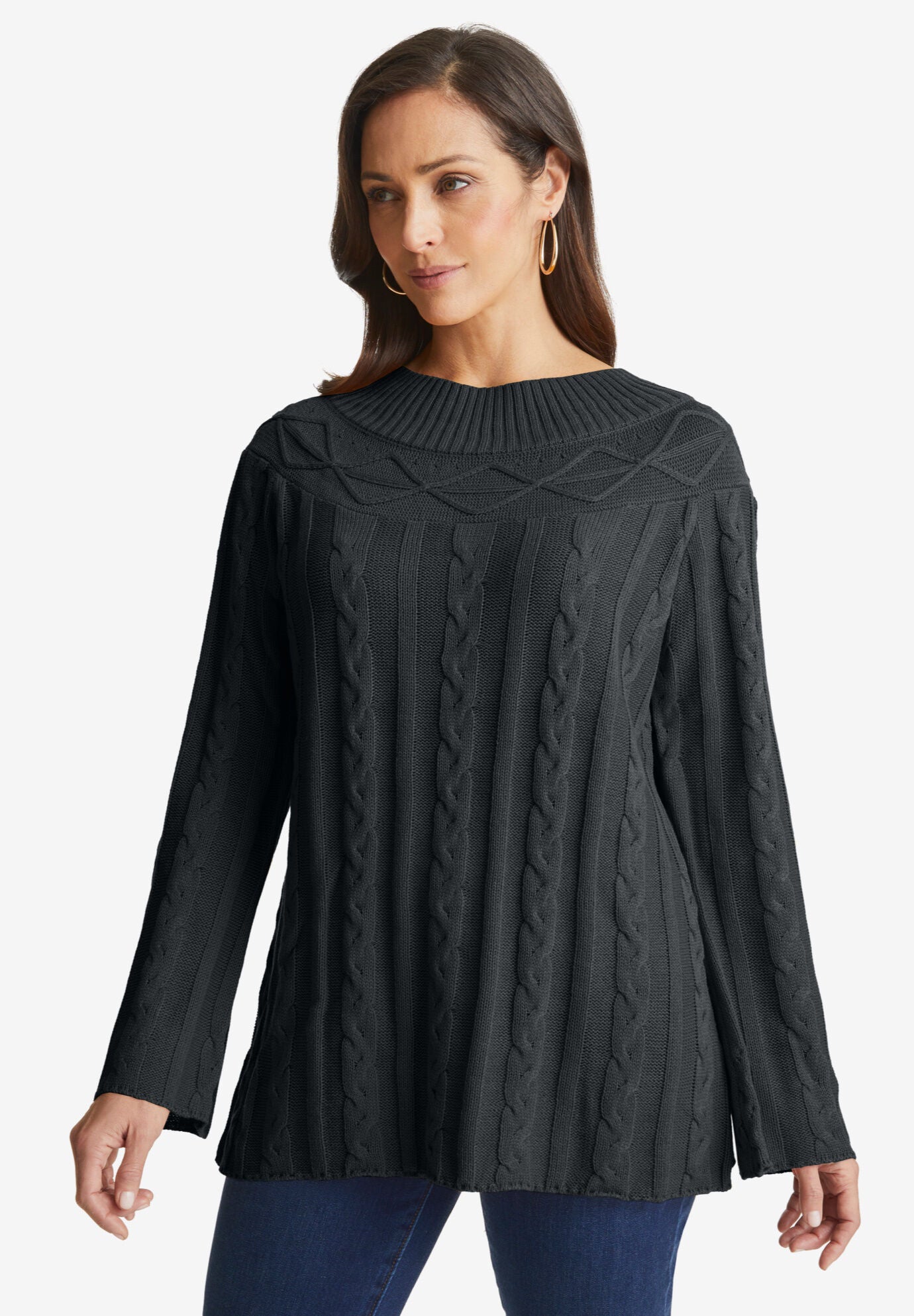 Cable Sweater Tunic with Horizontally Cabled Yoke, Black | Woman Within