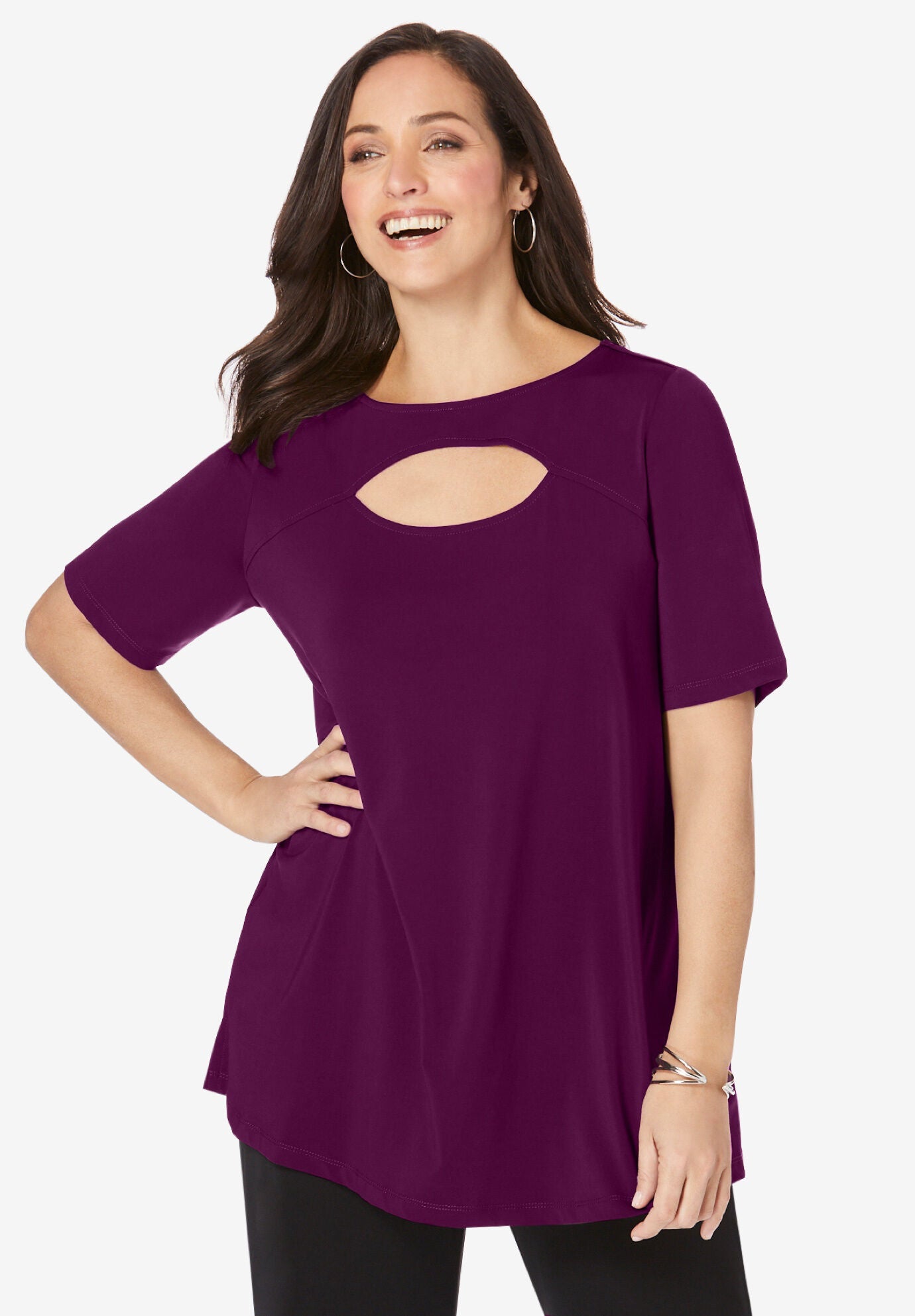 Keyhole Tunic - Smooth Knit, Elbow-Length Sleeves, 4459534 | Woman Within