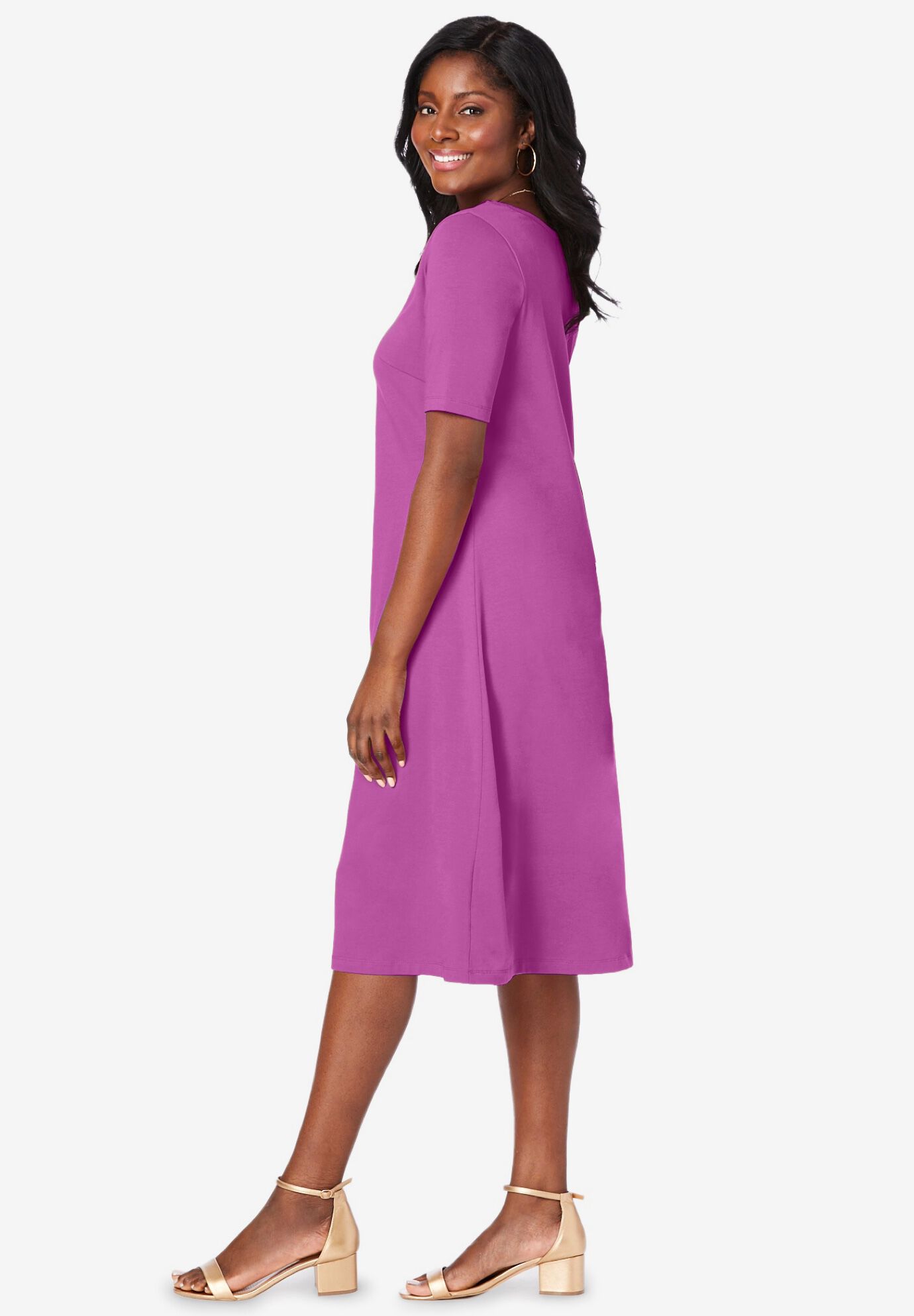 Cotton Square Neck Midi Dress with A-line, Deep Orchid | Woman Within