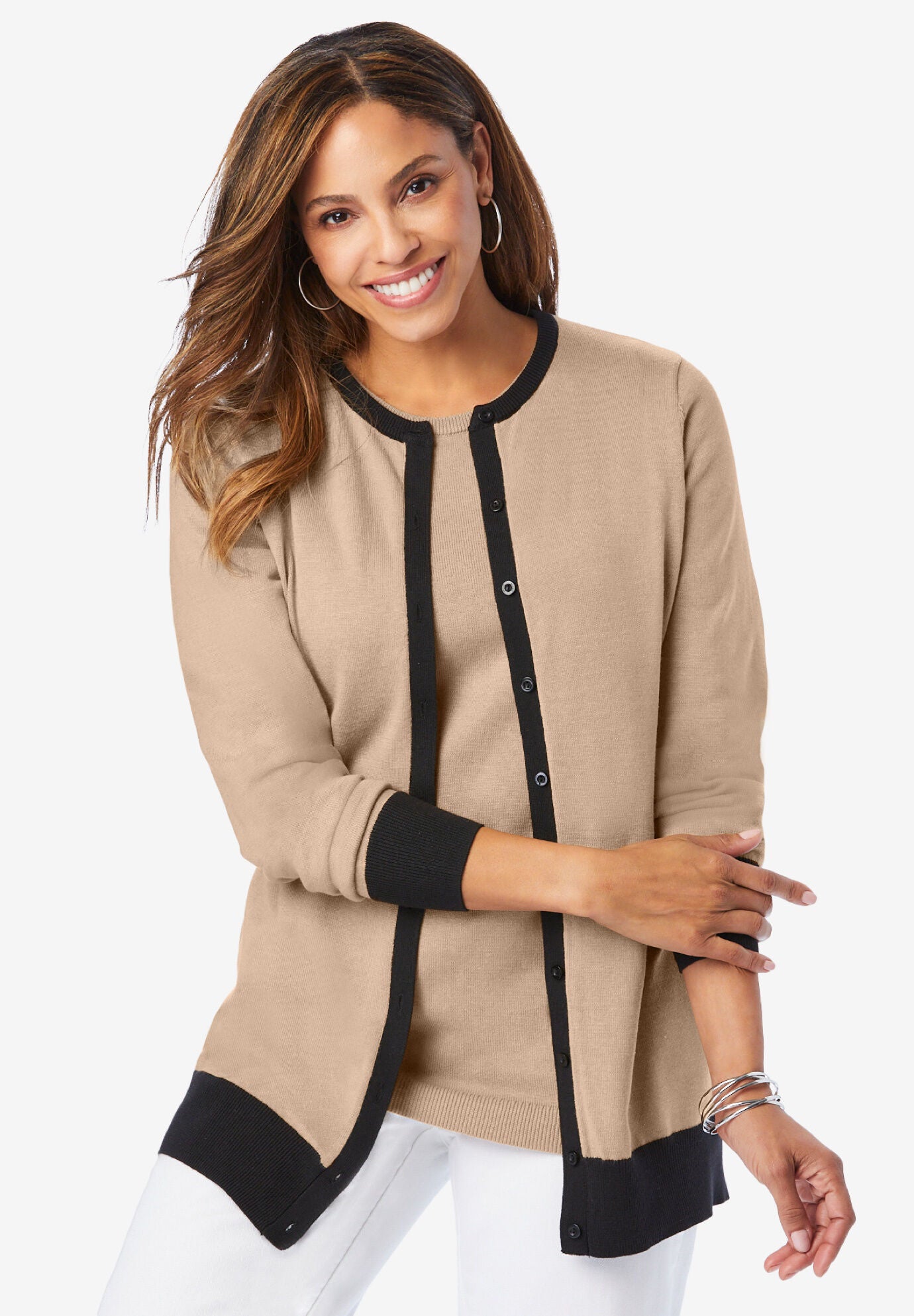 Fine Gauge Cardigan - Timeless Button Front, New Khaki Black | Woman Within