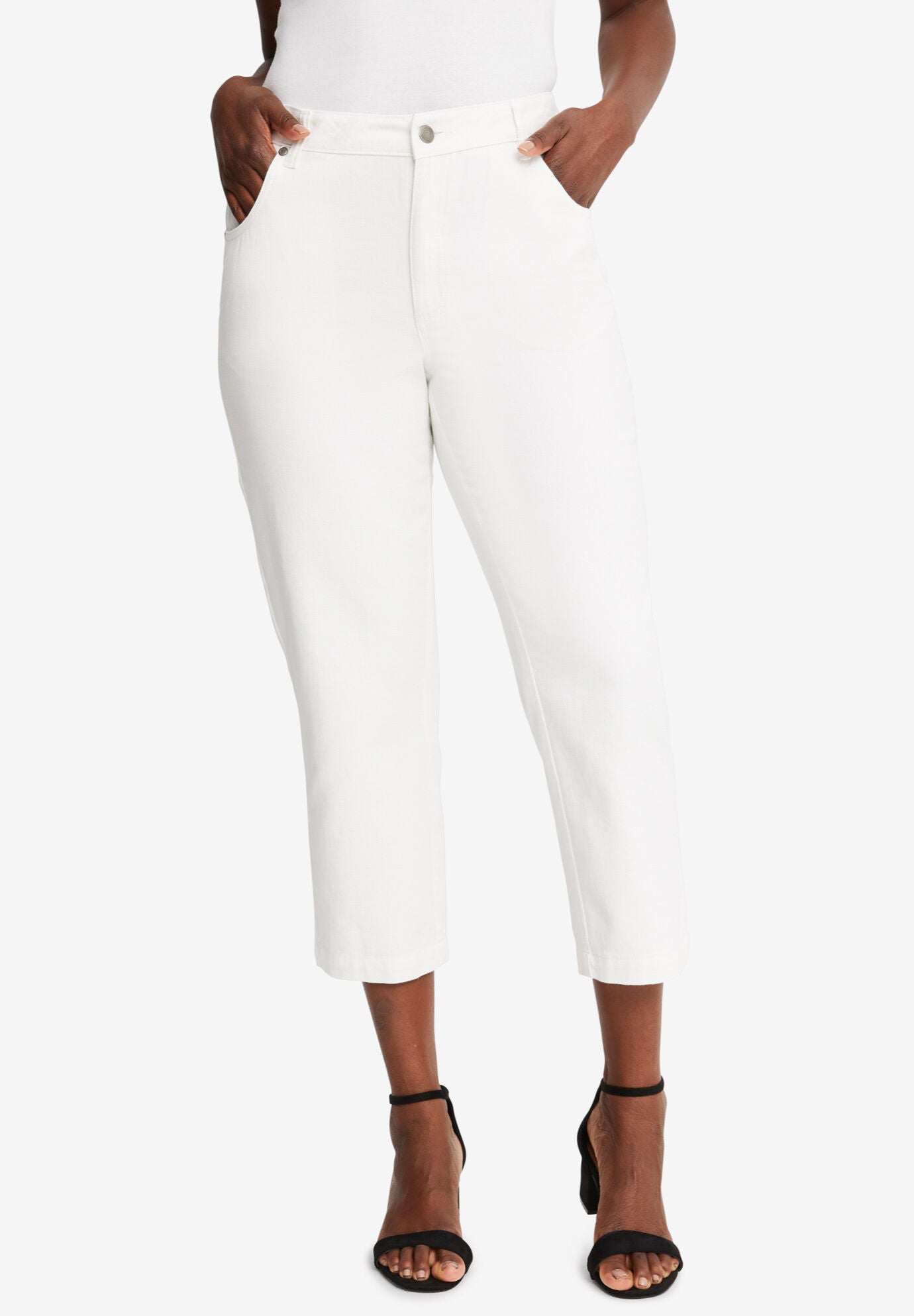 Classic Cotton Denim Capri - Non-Stretch Fit, White | Woman Within
