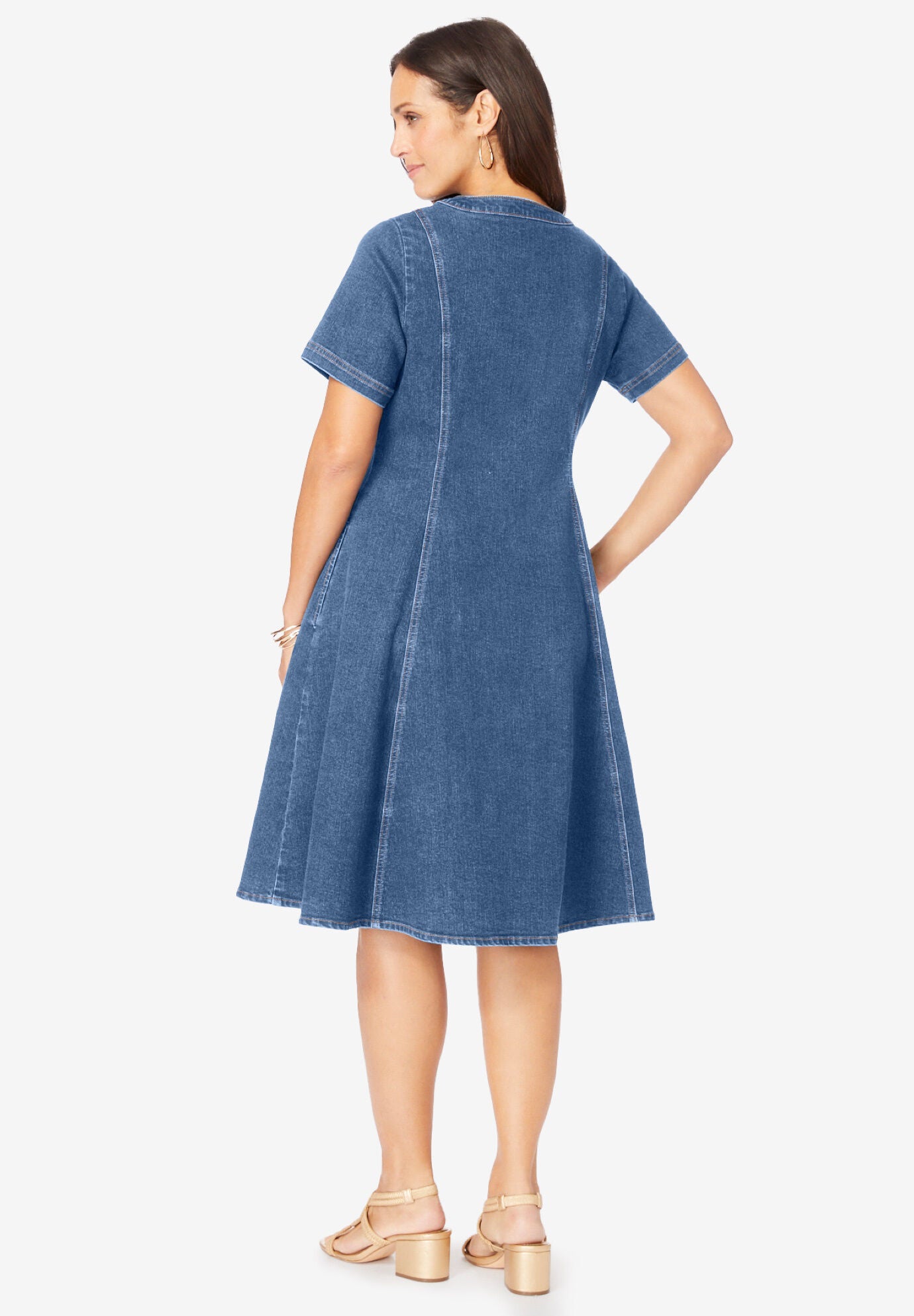 Button Front Denim Dress - Plus Size Midi, Medium Stonewash | Woman Within