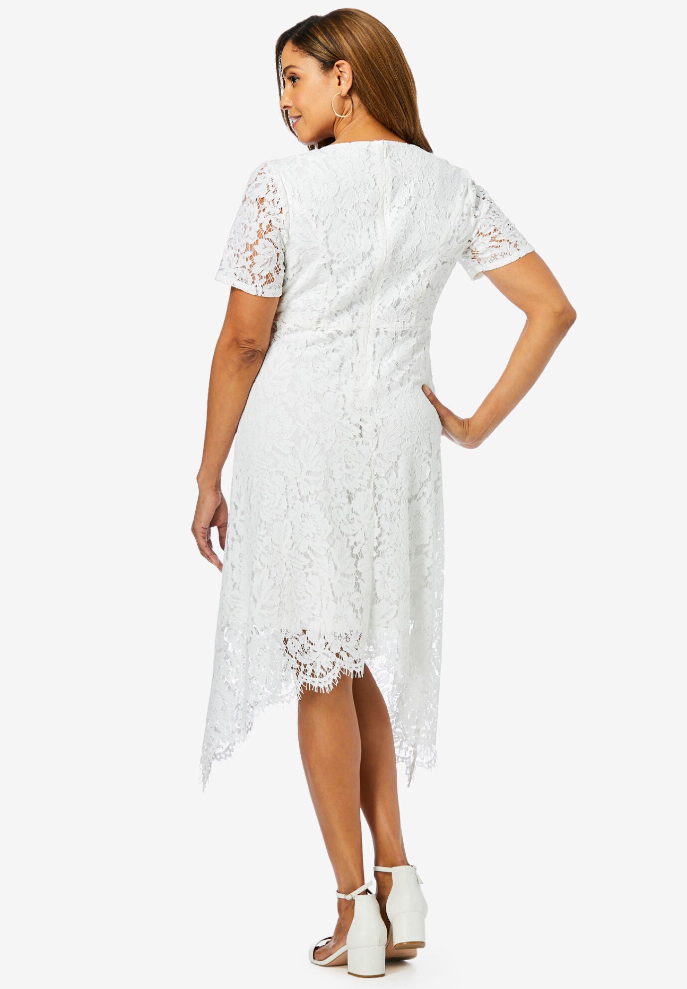 Lace Handkerchief Dress - A-Line V-Neck Design, White | Woman Within