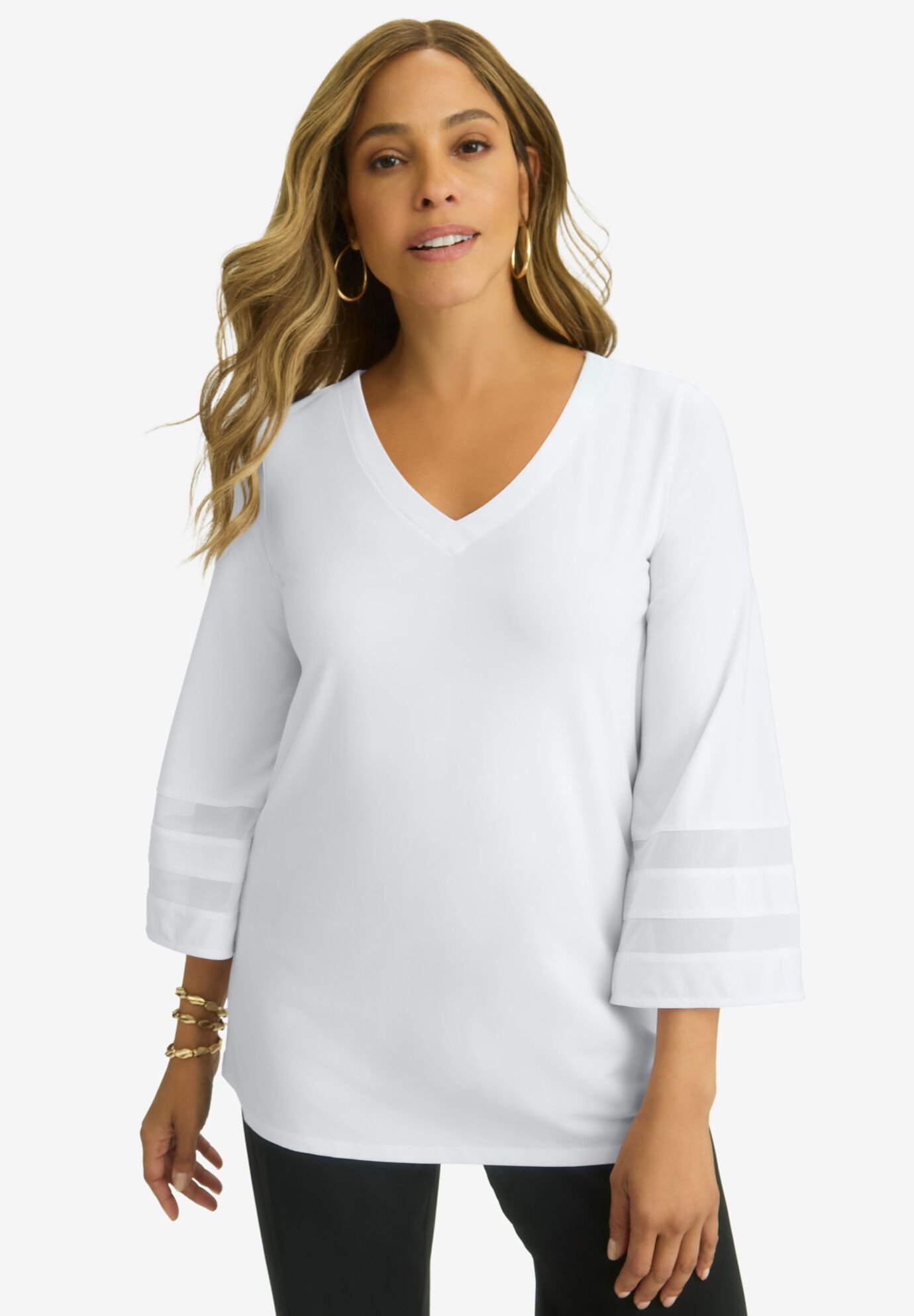 Mesh Inset Sleeve Tunic - Stretch Knit, Pink Burst | Woman Within
