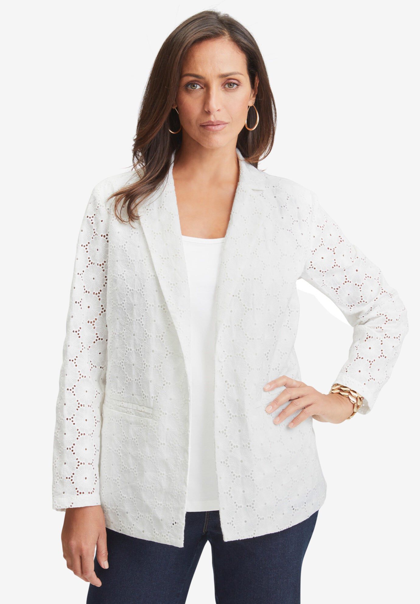 Eyelet Blazer with Scalloped Sleeves - 30" Length, White | Woman Within