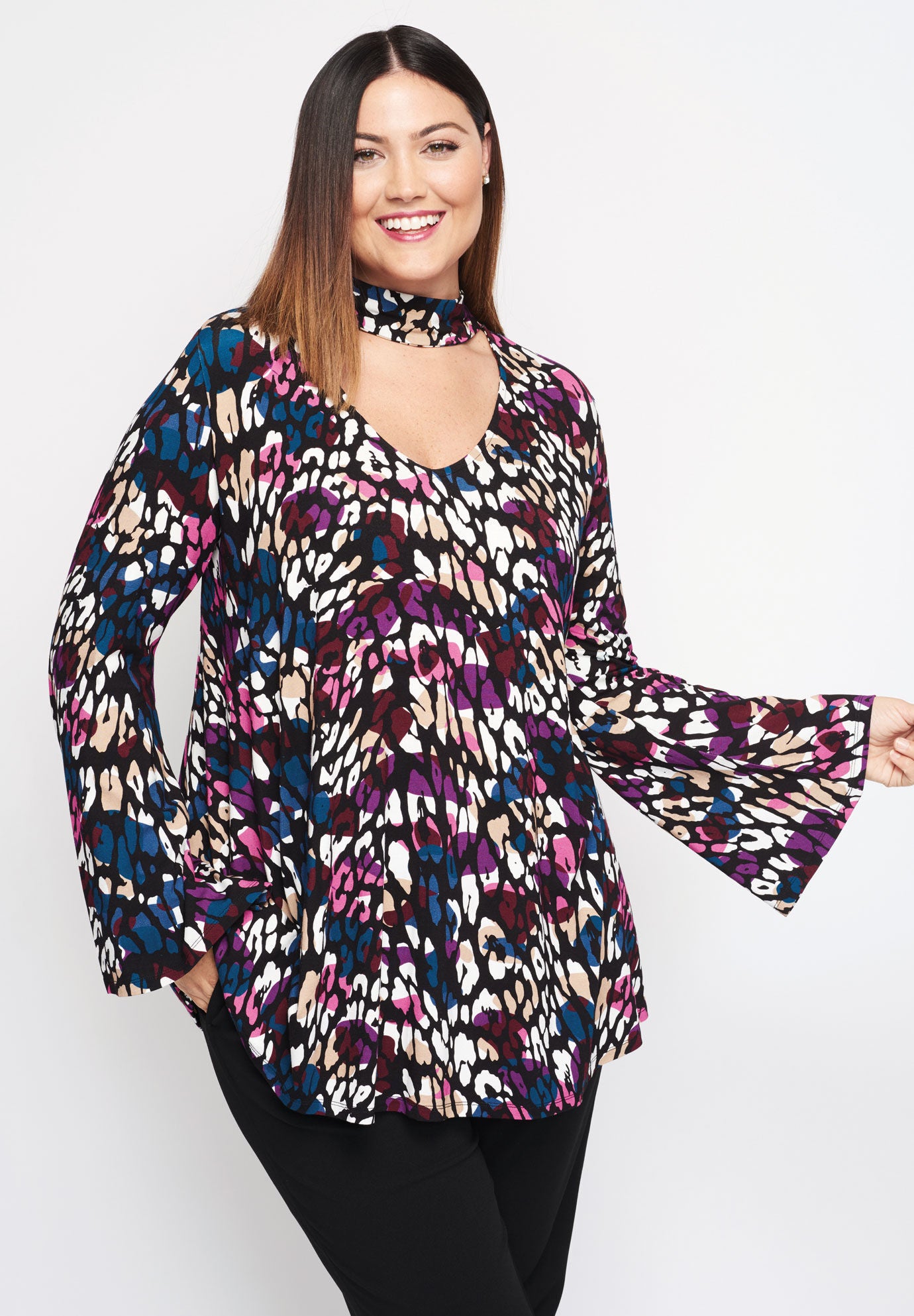 Banded Neck Tunic with Long Flare Sleeves | Woman Within