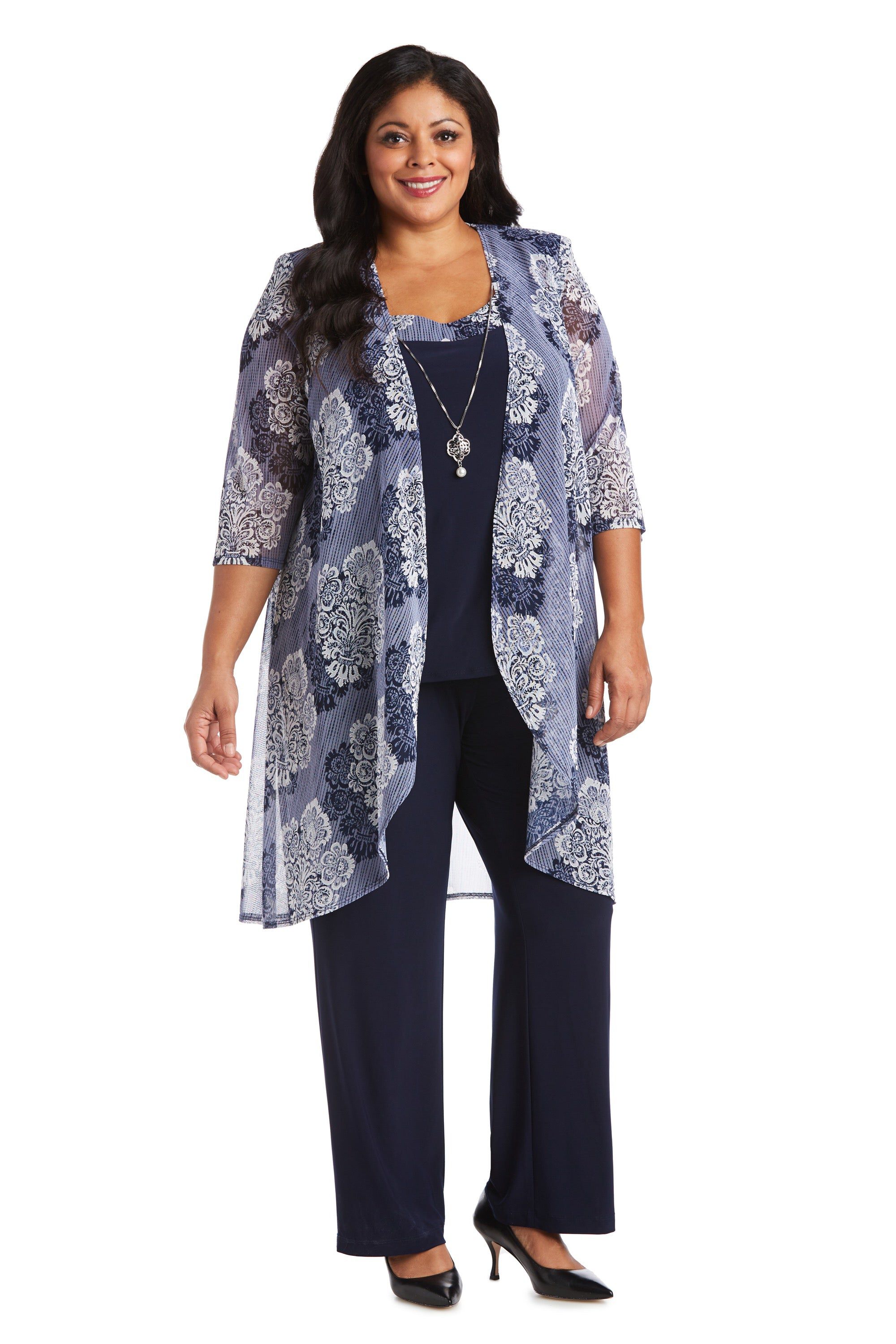Three-Piece Power Mesh Tank Top and Pant Set with Bold Duster - Plus ...