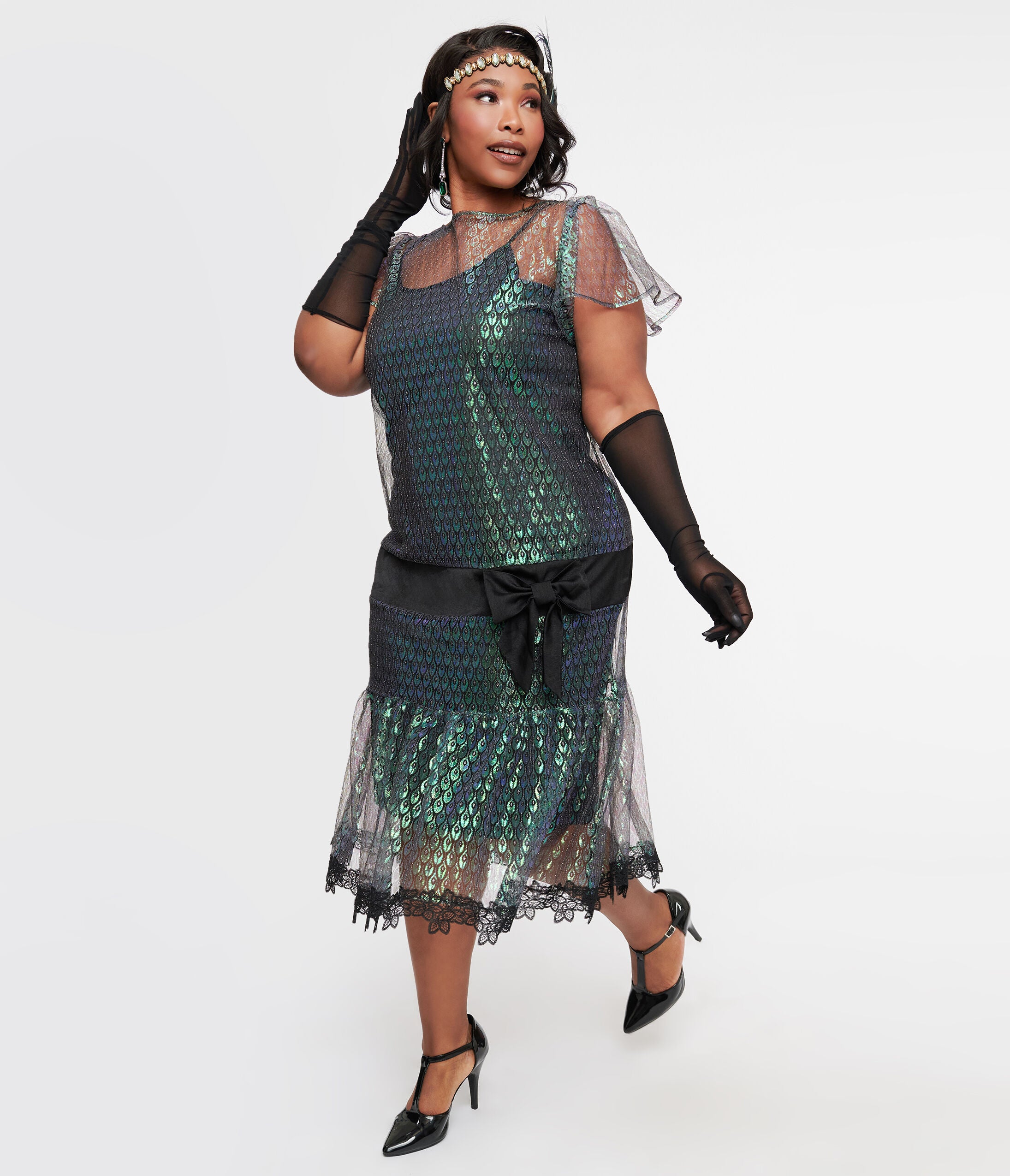1920s Iridescent Peacock & Black Bow Flapper Dress | Woman Within