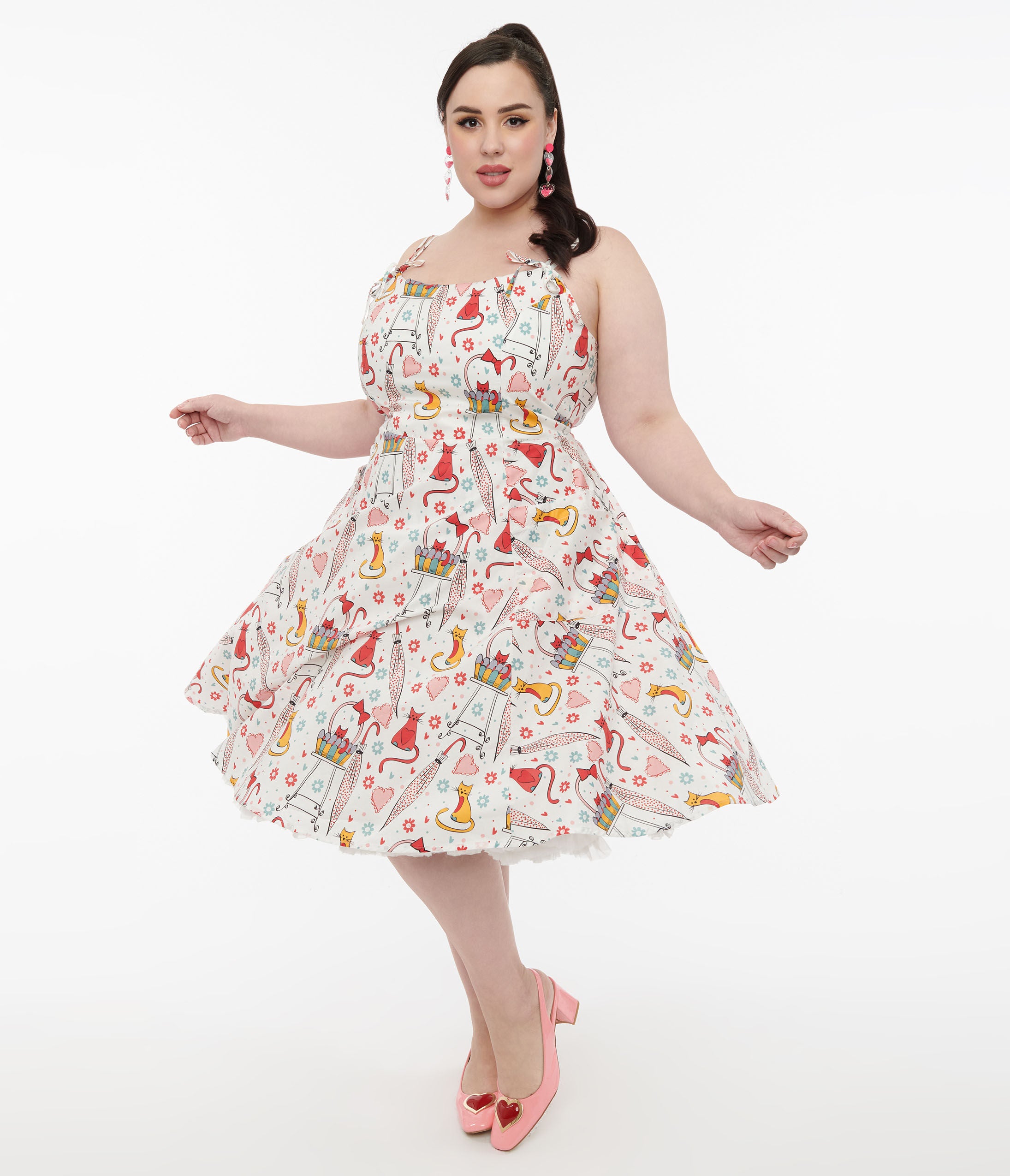 Unique Vintage 1950s Red & Yellow Cat Print Cotton Bobbie Swing Dress ...