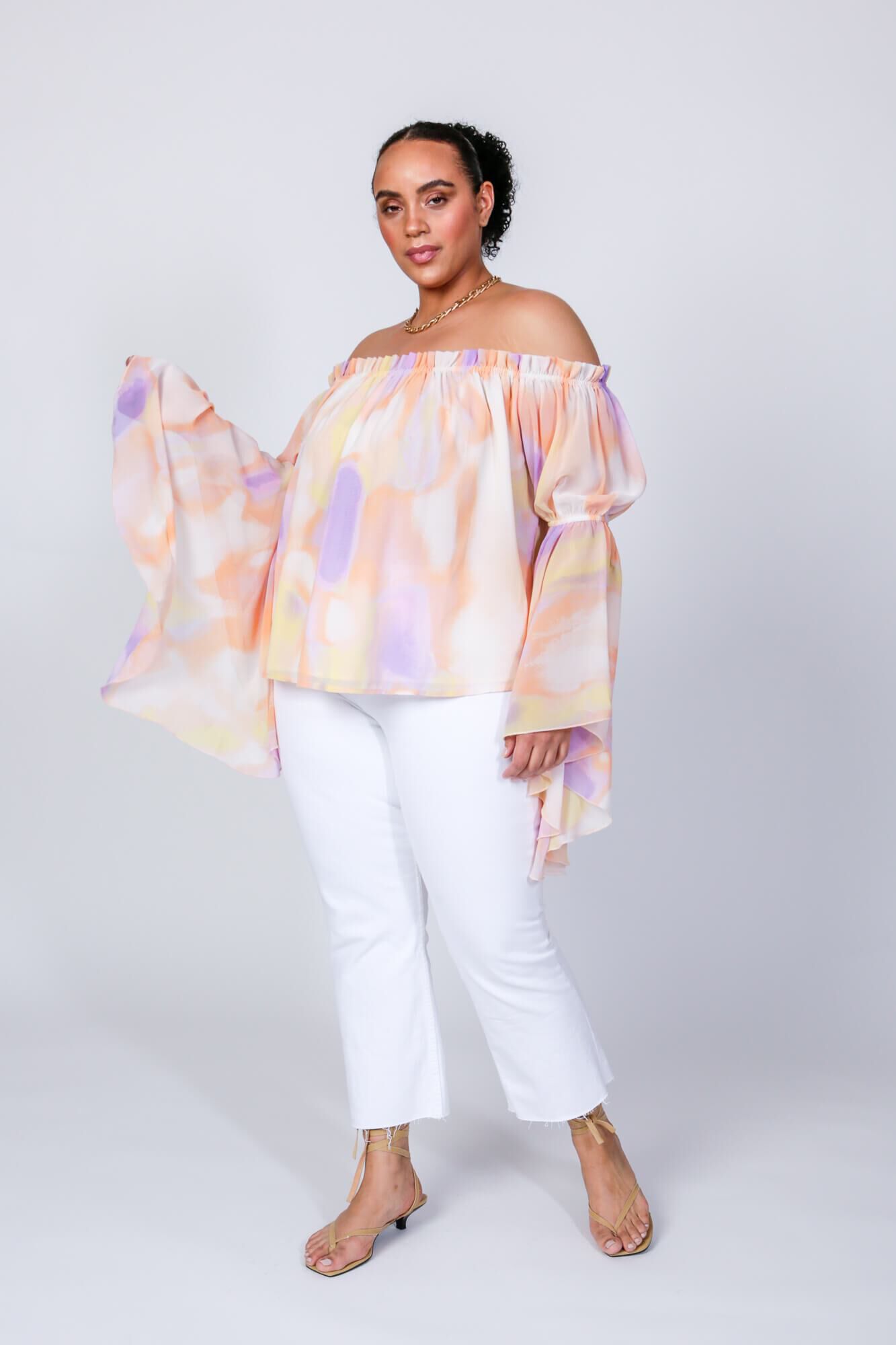 Cotton Candy Brittney Off The Shoulder Bell Sleeve Top | Woman Within