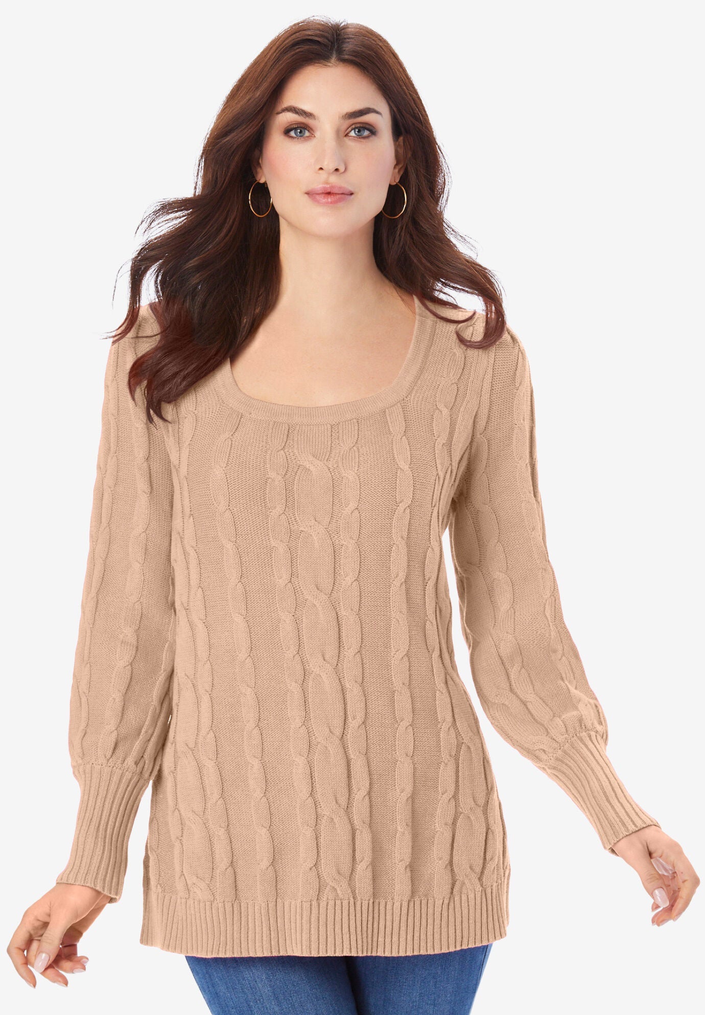 Square-Neck Cable Knit Pullover Sweater | Woman Within