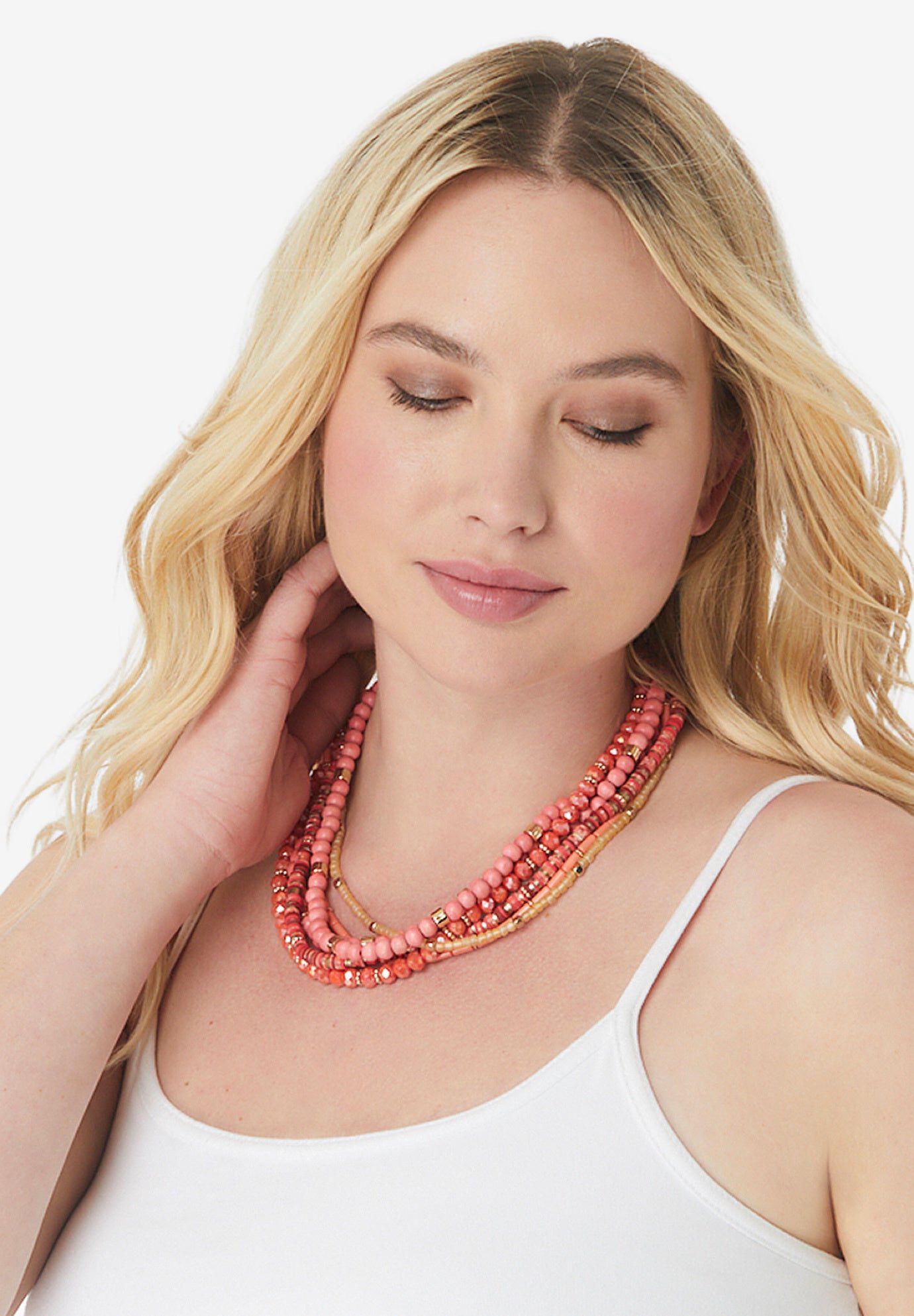 Wood & Glass Layered Necklace - Boho Statement, Coral | Woman Within