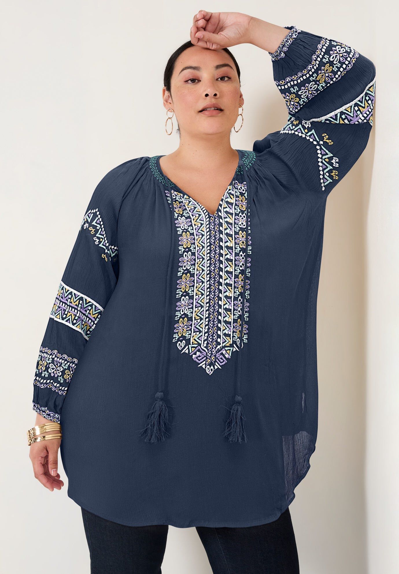 Embroidered Peasant Blouse - Rayon Crinkle Crepe, Navy Boho Embroidery ...