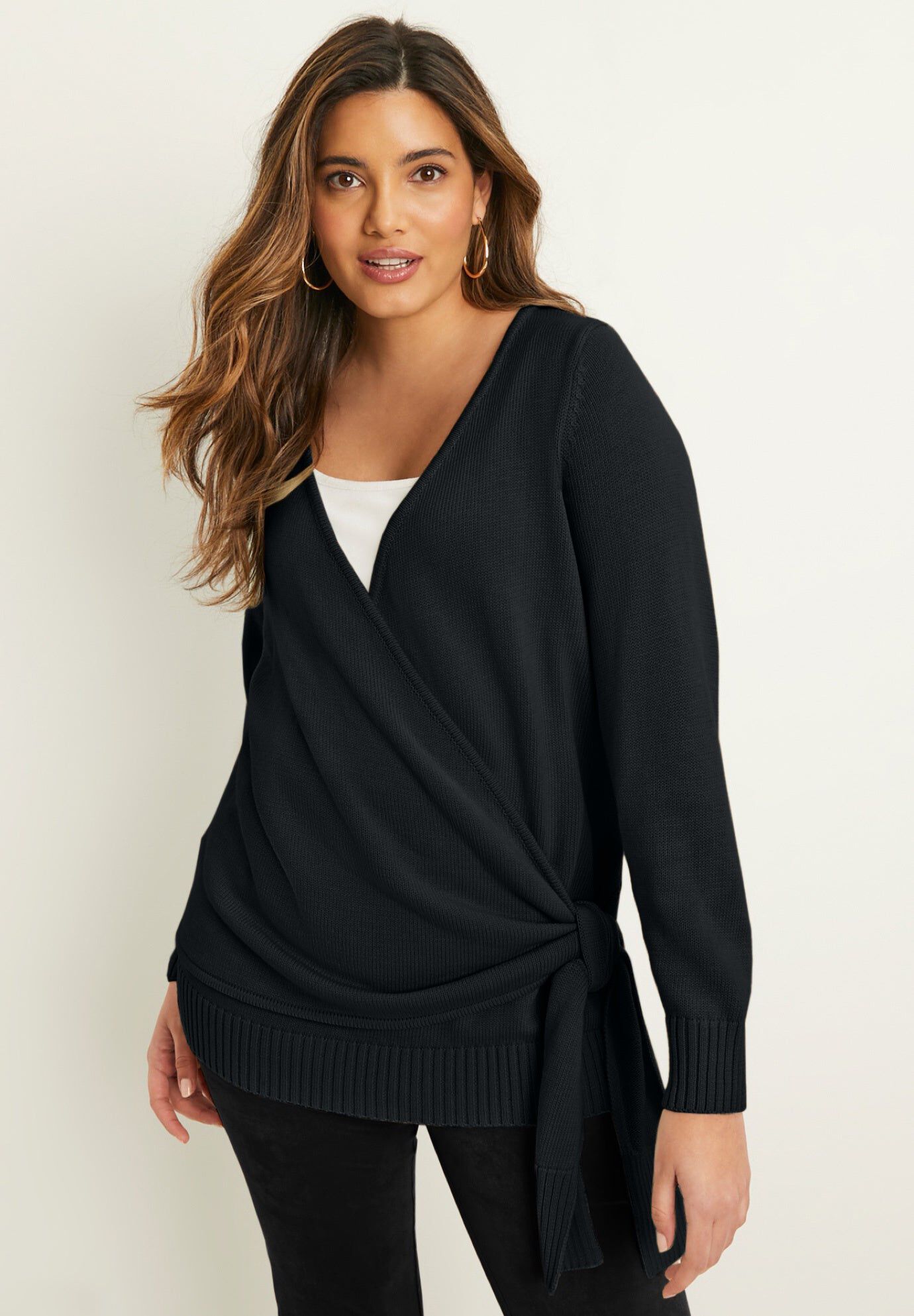 Touch of Cashmere Wrap-Front Cardigan Medium, Black | Woman Within