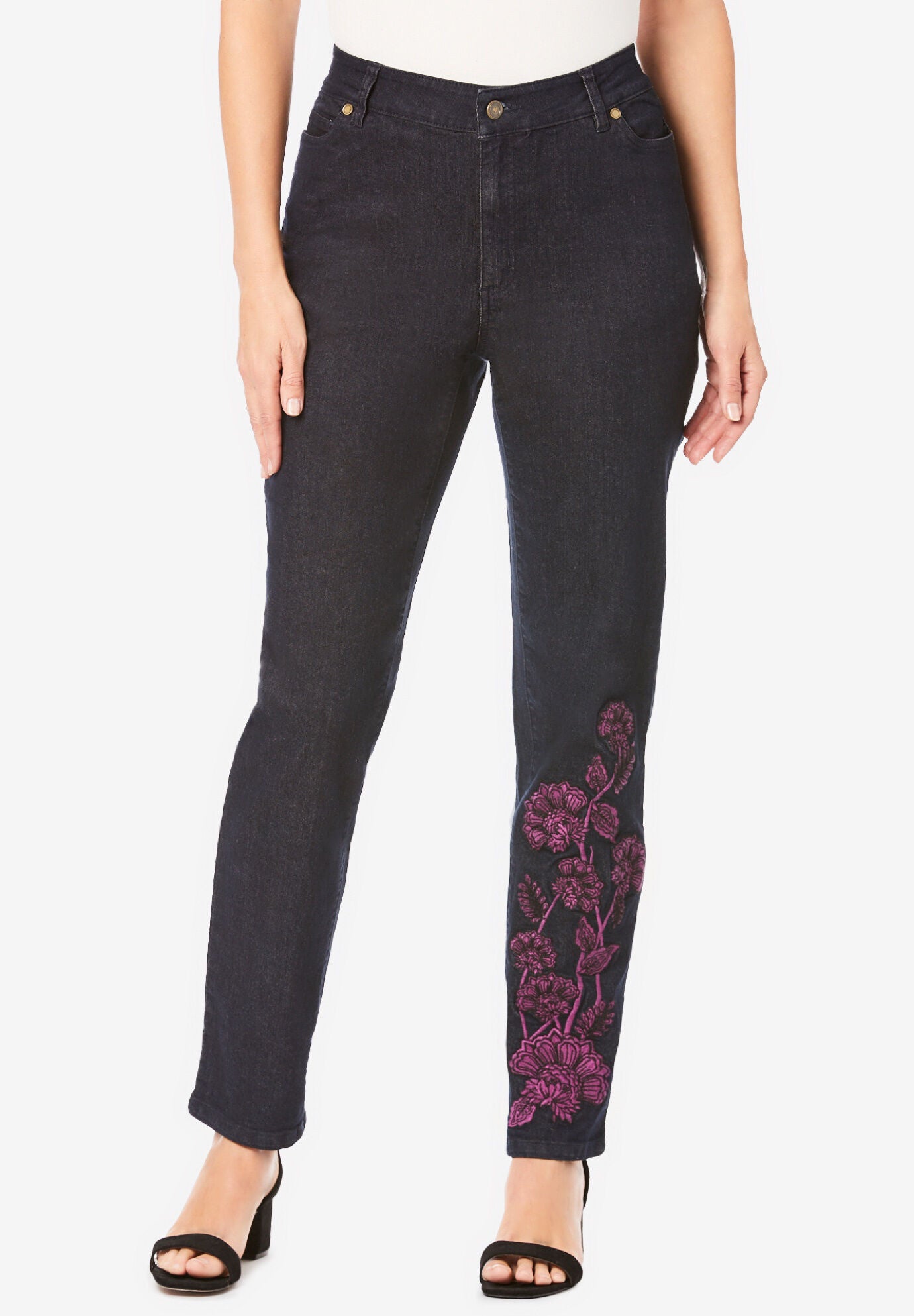 Invisible Stretch® Contour Embroidered Straight-Leg Jean | Woman Within