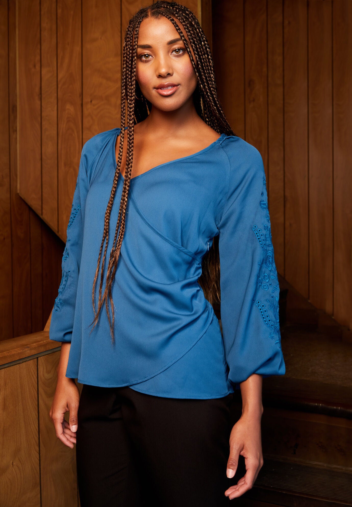 Embroidered V-Neck Wrap Blouse | Woman Within