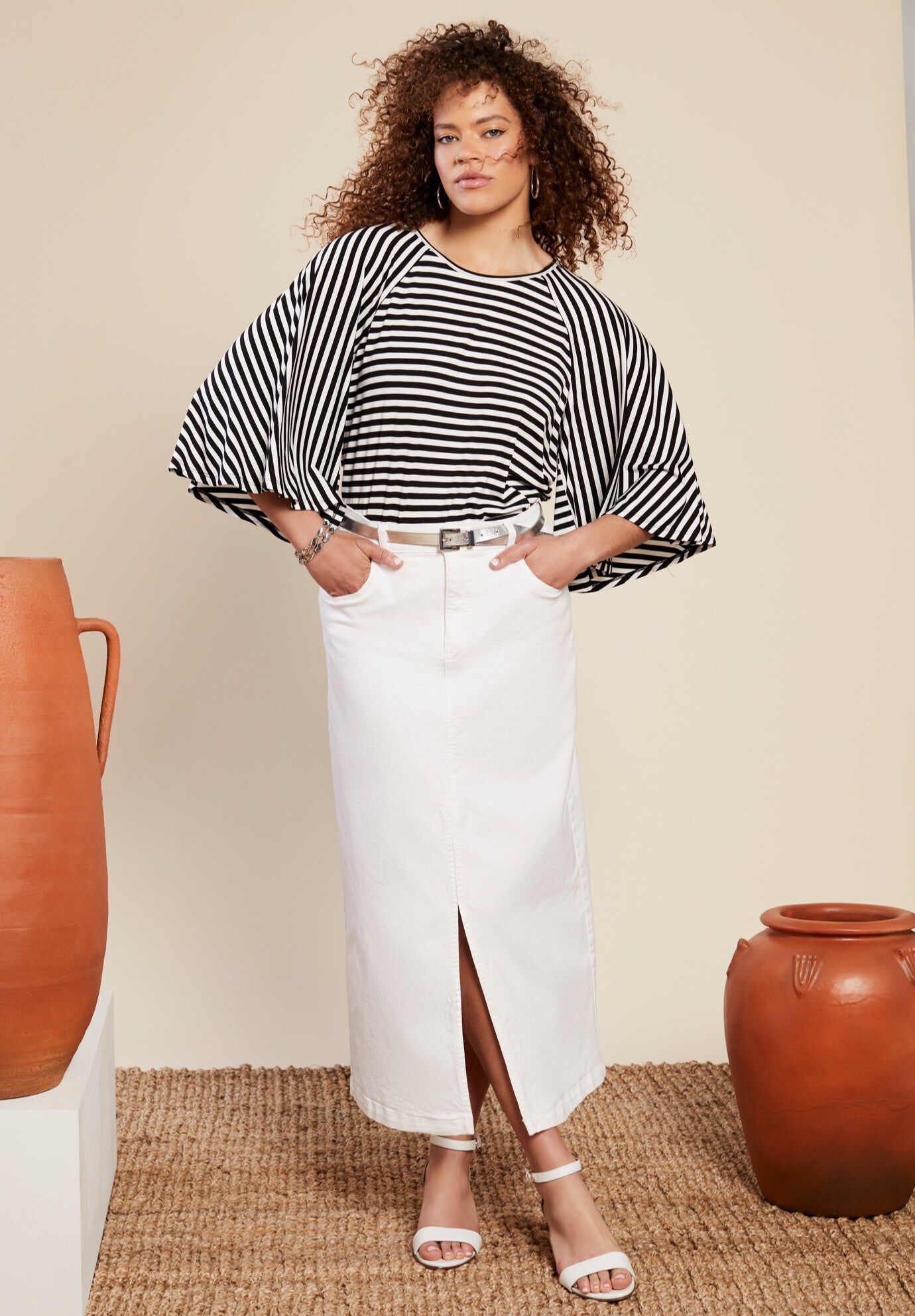 Flared Raglan Sleeve Breton Stripe Tee, Black White | Woman Within