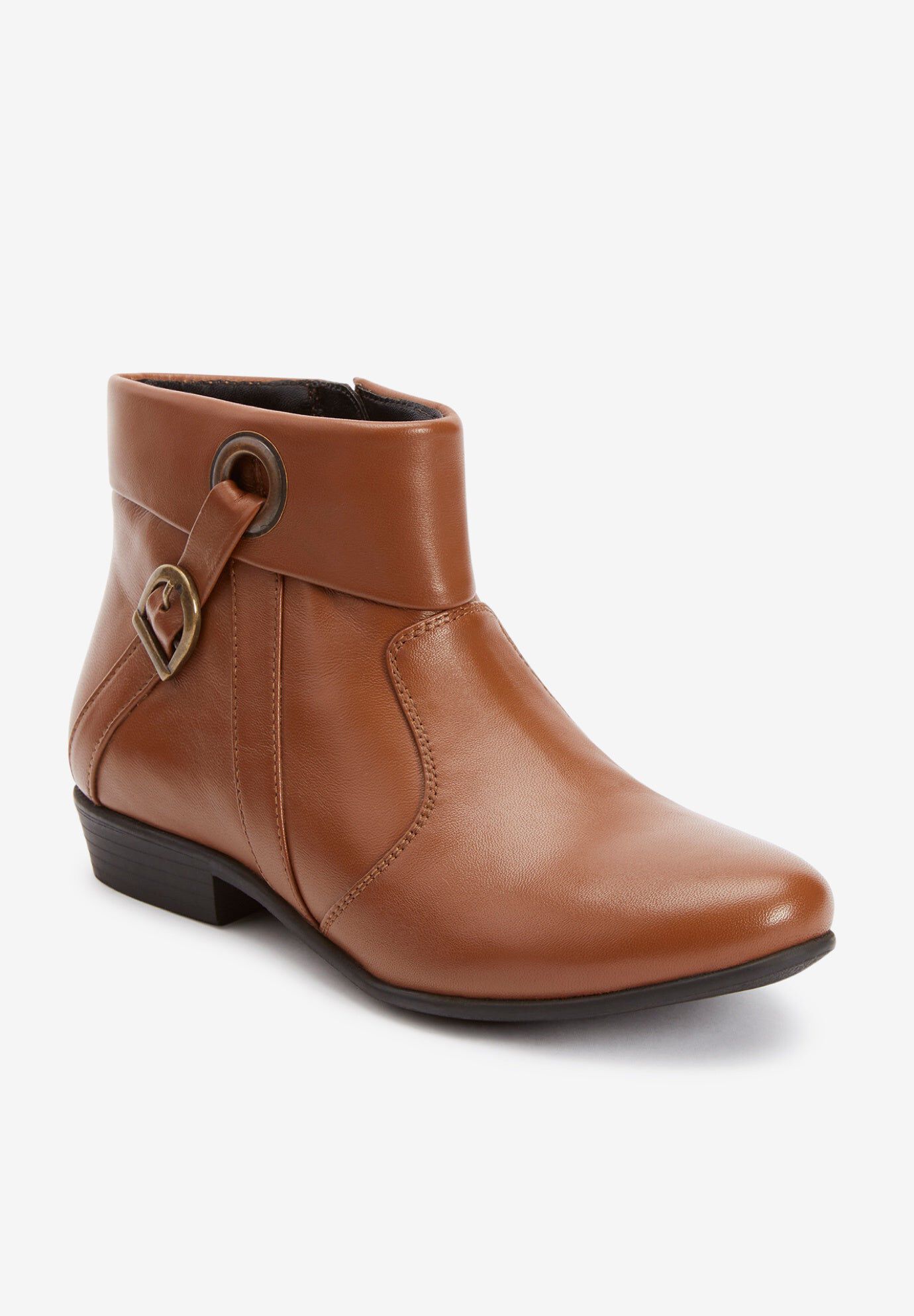 The Terri Leather Bootie - Buckle Strap Detail, Dark Cognac | Woman Within