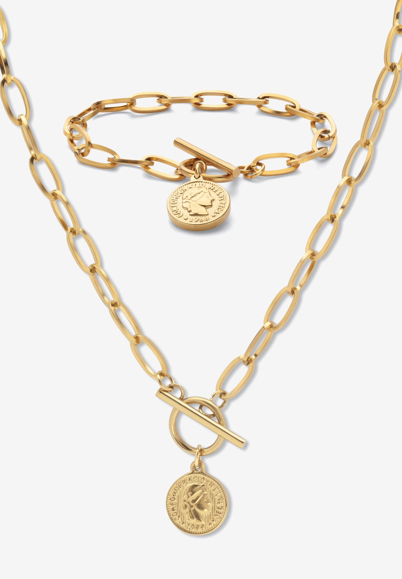 2 Piece Cable Link Coin Necklace Set Gold Ion Plated Stainless Steel ...