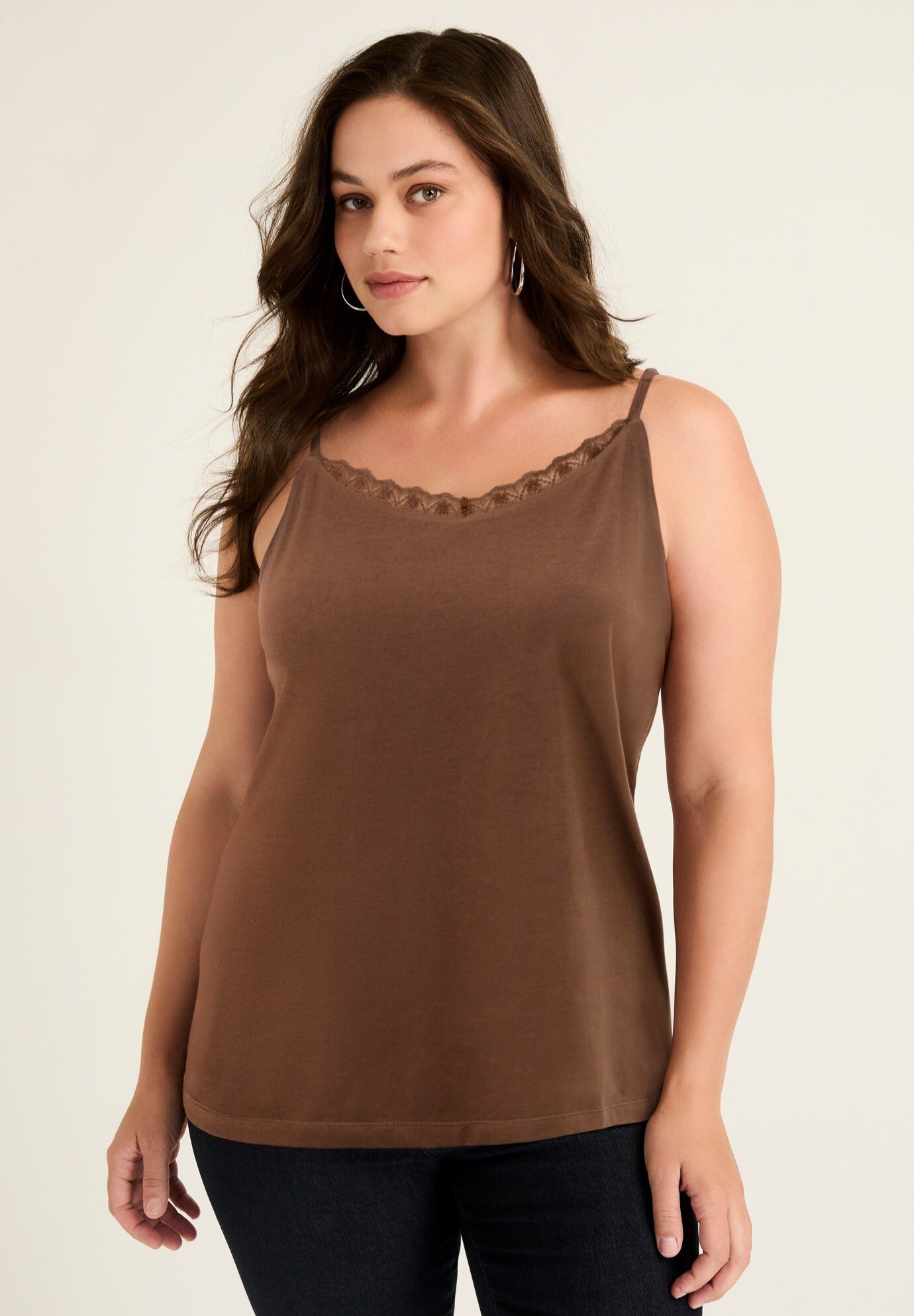 Lace-Trim Bra Cami with Built-In Shelf Bra, Cocoa Brown | Woman Within
