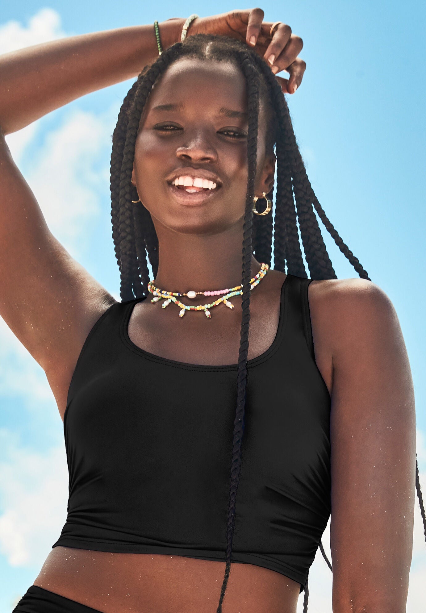 Cropped Racerback Tankini with Built-In Bra, Black | Woman Within