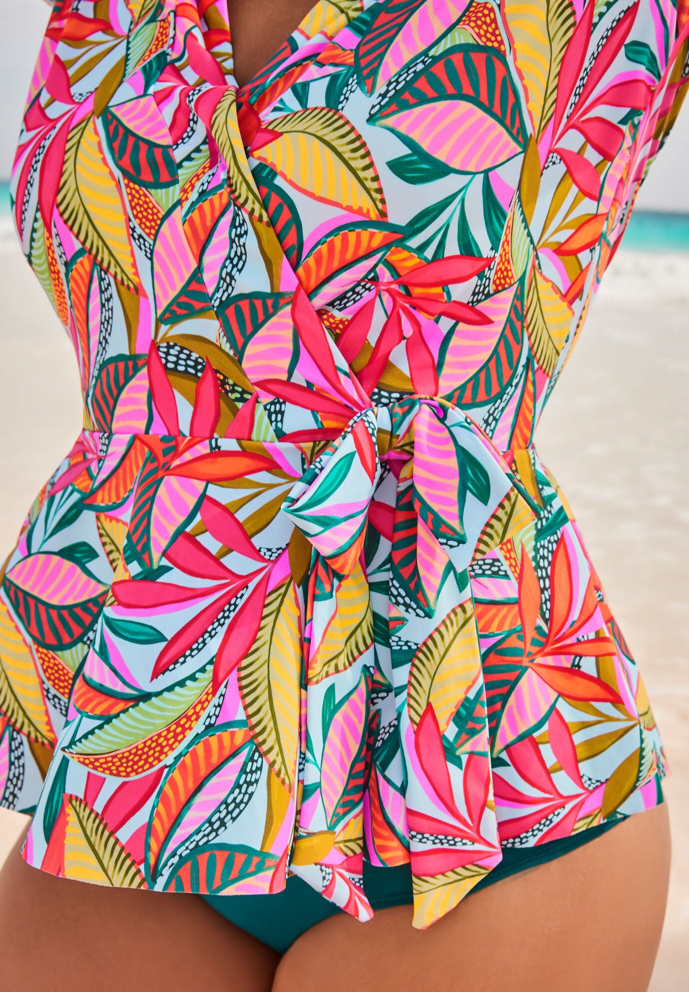 Faux Wrap Front Tankini with Side Slide Swim Skirt | Woman Within