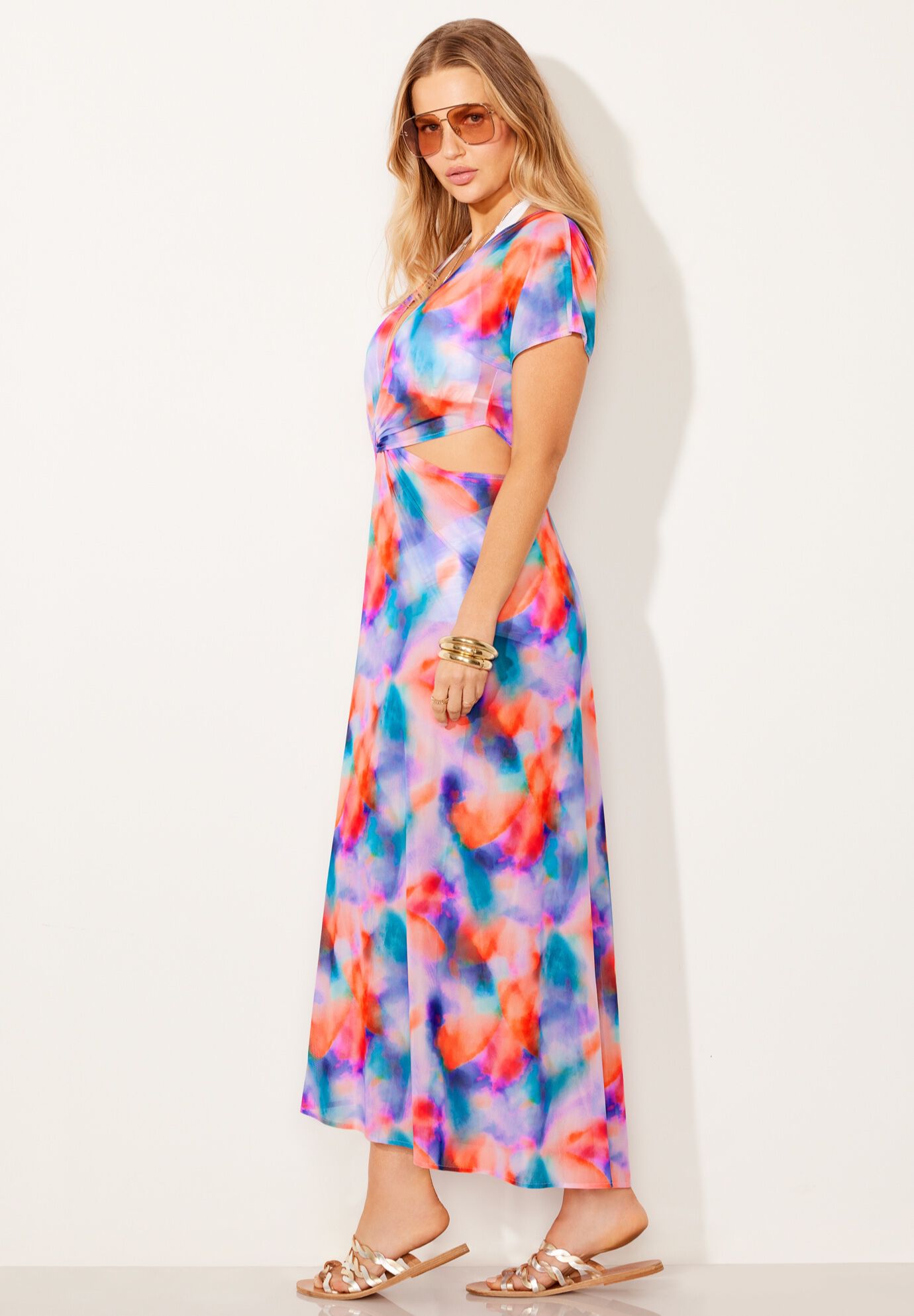 Twist Front Mesh Cut-Out Beach Cover Up Dress, Warm Tie Dye Multi ...