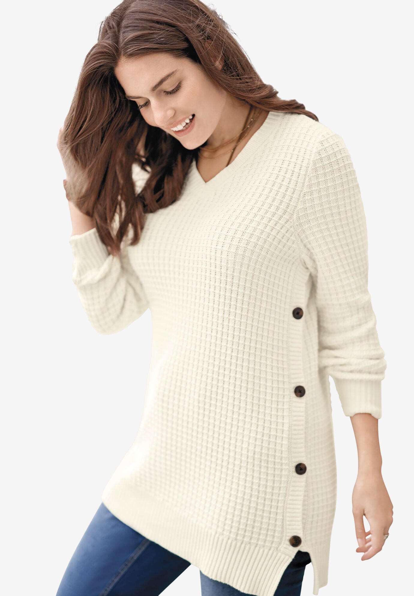 Side Button Waffle Knit V-Neck Sweater, Ivory | Woman Within
