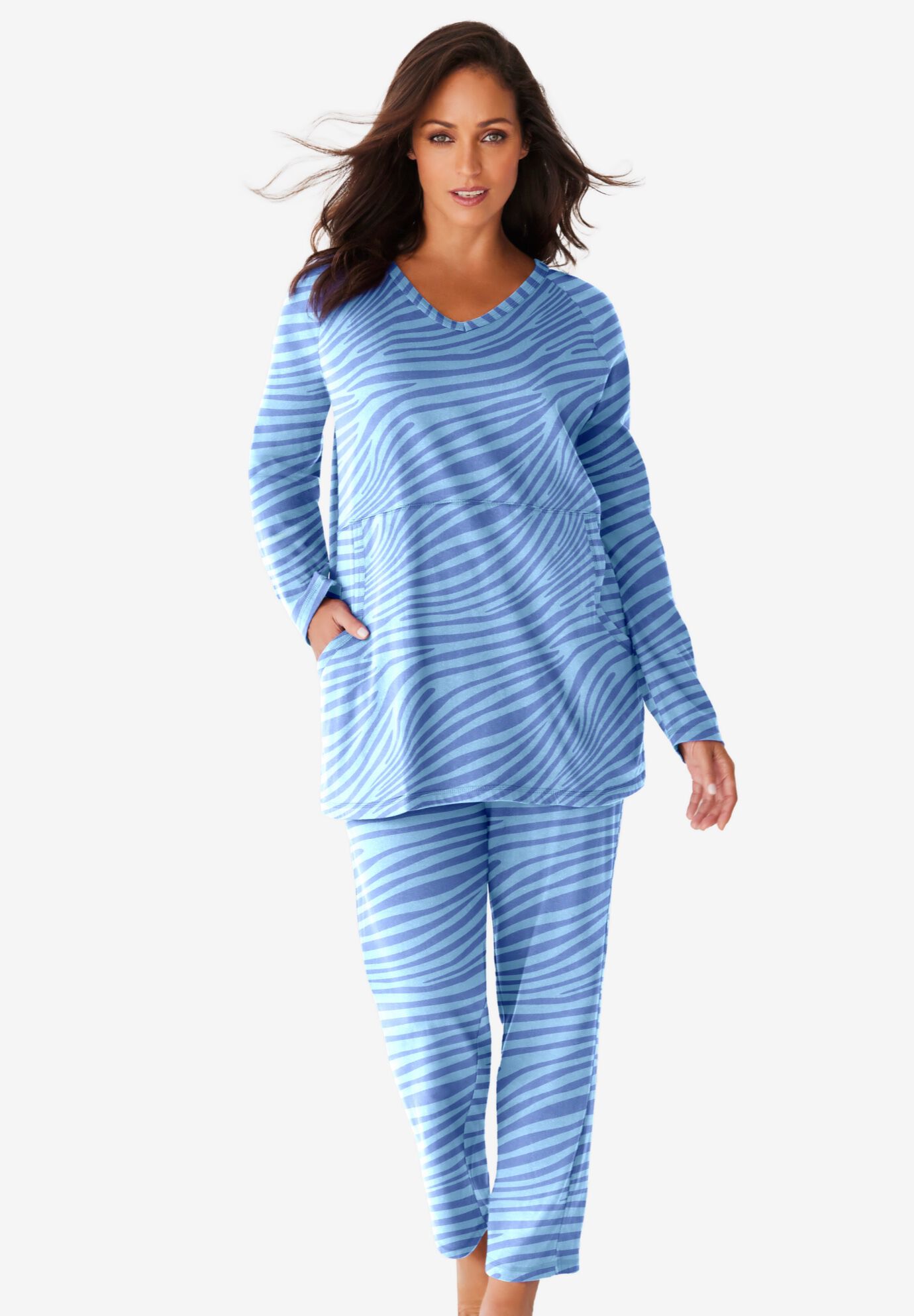Cotton 2-Piece Lounge Set with Kangaroo Pocket, French Blue Zebra ...