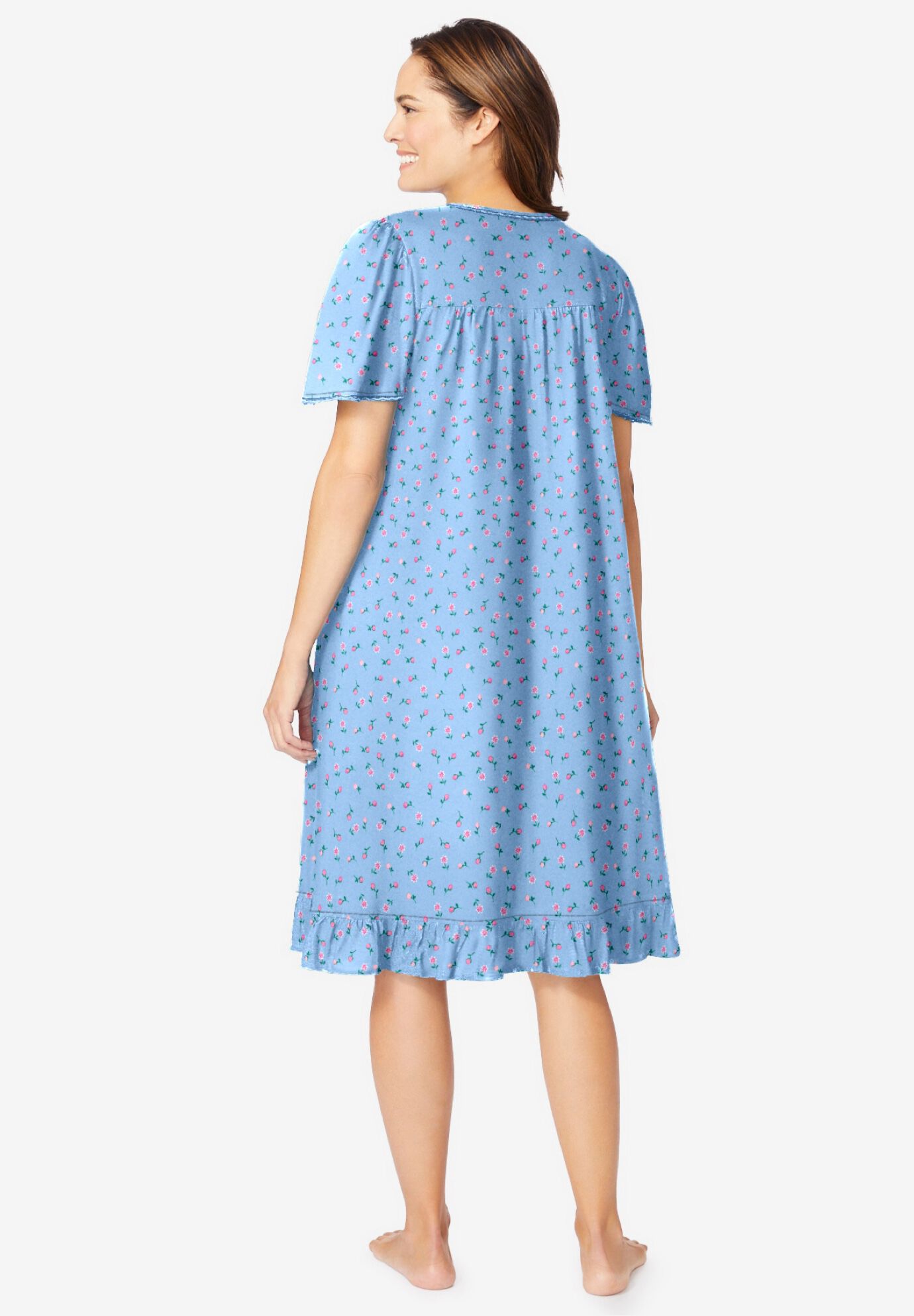 Floral Cotton Gown - Short Flutter Sleeve, Sky Blue Ditsy | Woman Within