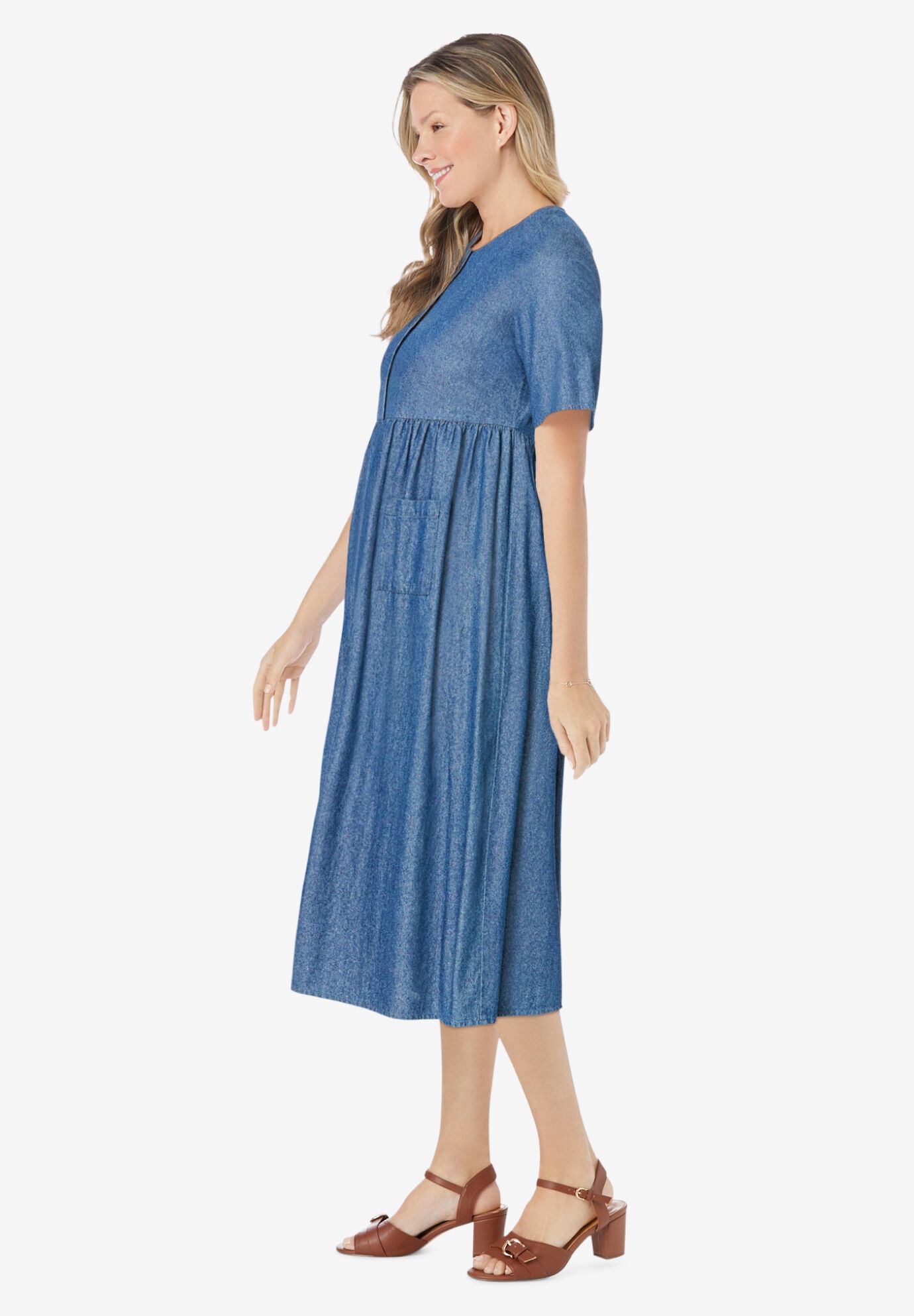 Short-Sleeve Denim Dress - Button Front Style, Medium Stonewash | Woman ...