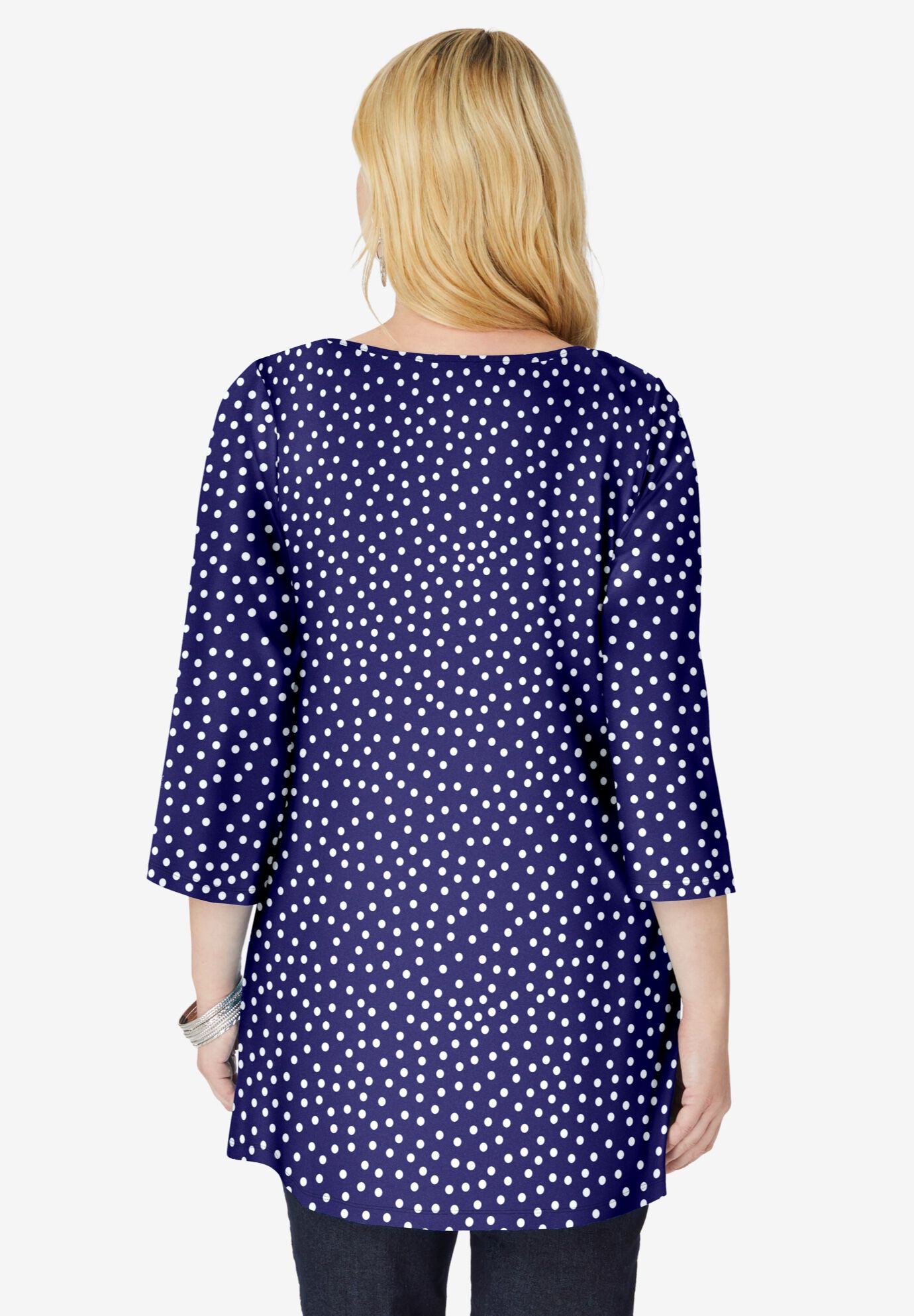 Printed V-Neck Tunic - Best Selling Style, Navy Offset Dot Printed V-Neck Tunic - Best Selling Style, Navy Offset Dot
