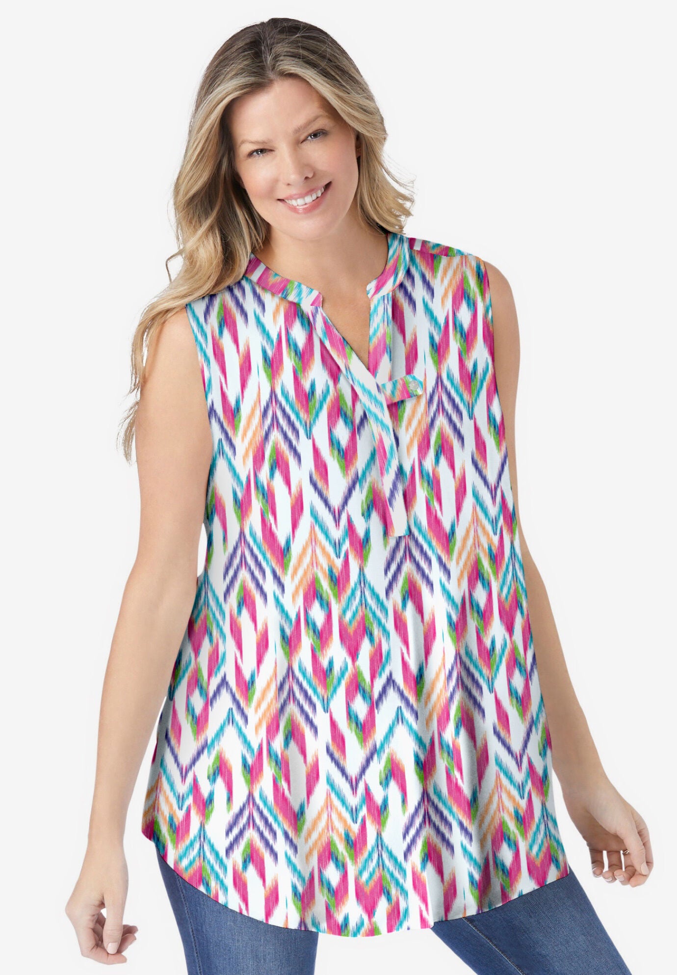 Sleeveless Tab-Front Tunic for Summer Fashion, White Garden Print ...
