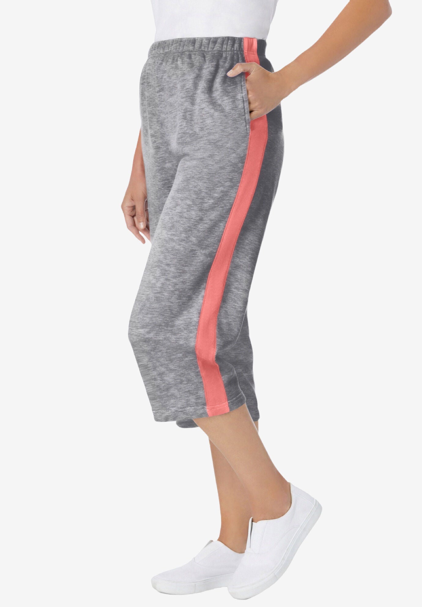 Cotton French Terry Capri Side-Stripes, Medium Heather Grey Sweet Coral ...