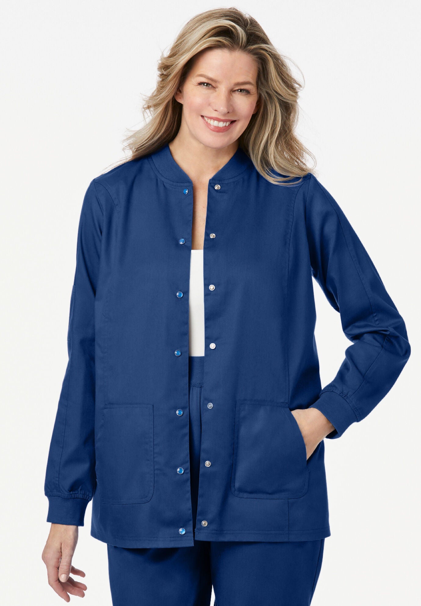 Snap Front Scrub Jacket with Pockets, Evening Blue | Woman Within