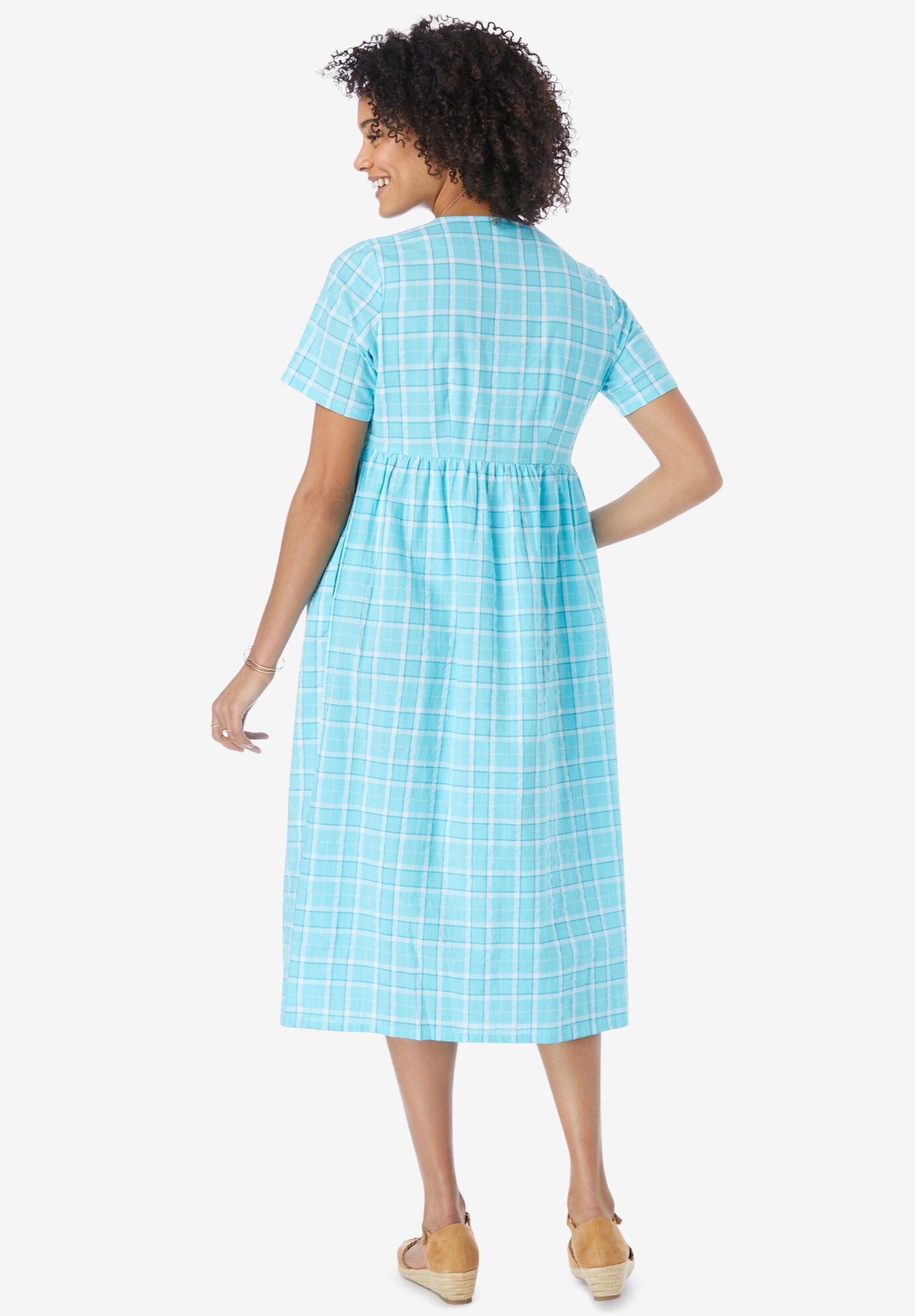 Short-Sleeve Seersucker Dress - Breathable Cotton, Navy Gingham | Woman ...